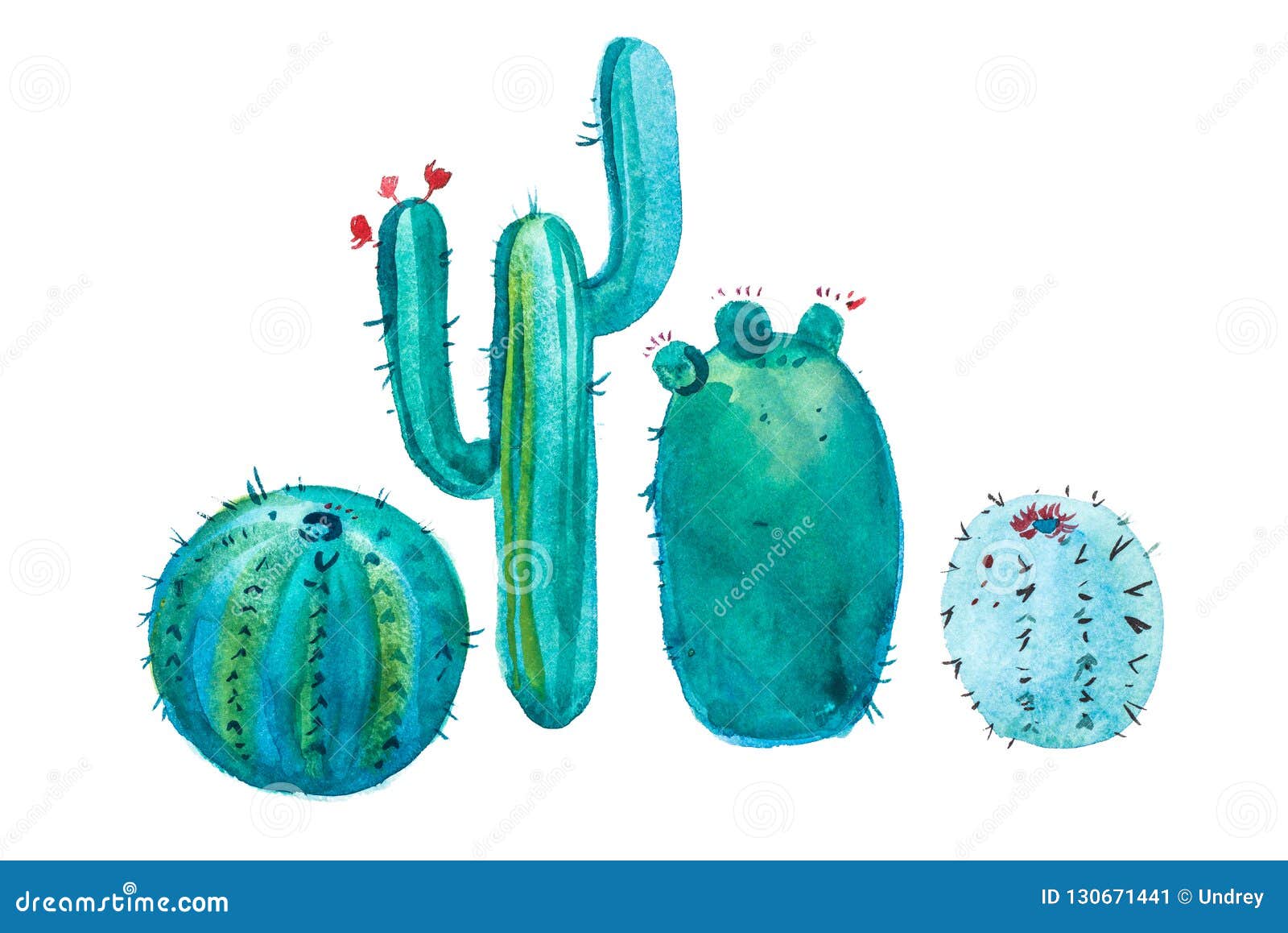 Watercolor Hand Drawn Spiky Cactus Bloom Flower. Stock Illustration ...