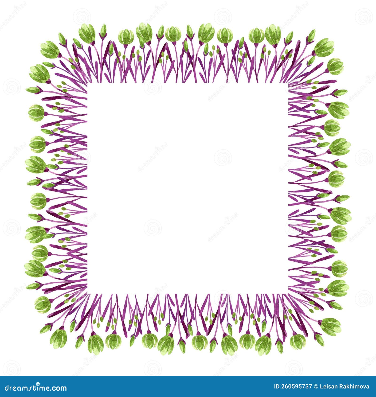 Watercolor Hand Drawn Square Frame Made of Tiny Light Green Flowers ...