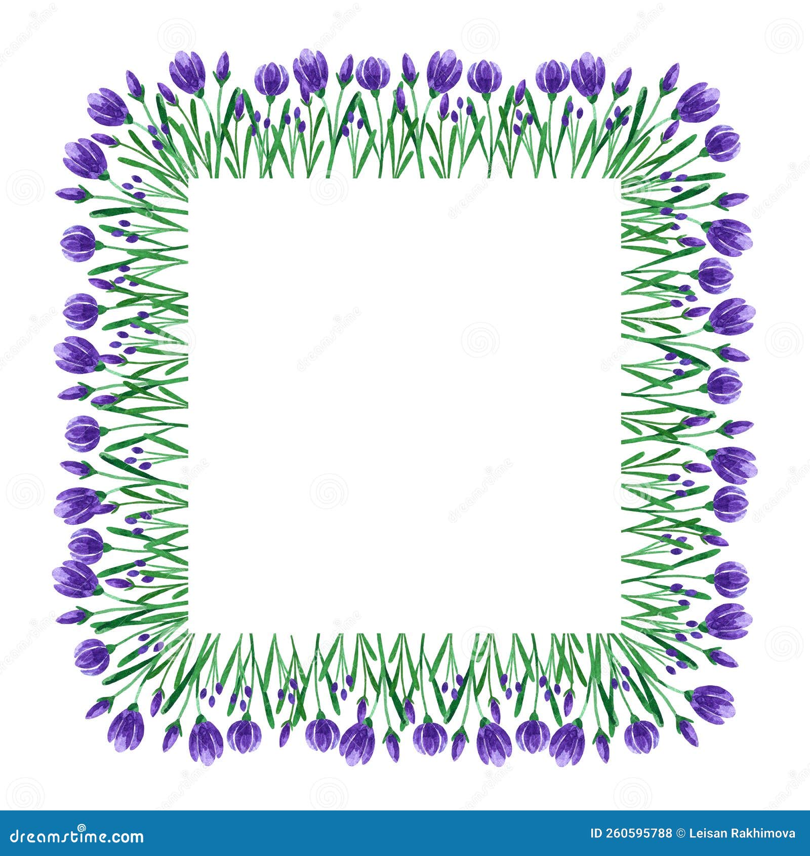 Watercolor Hand Drawn Square Frame Made of Tiny Purple Flowers. Stock ...