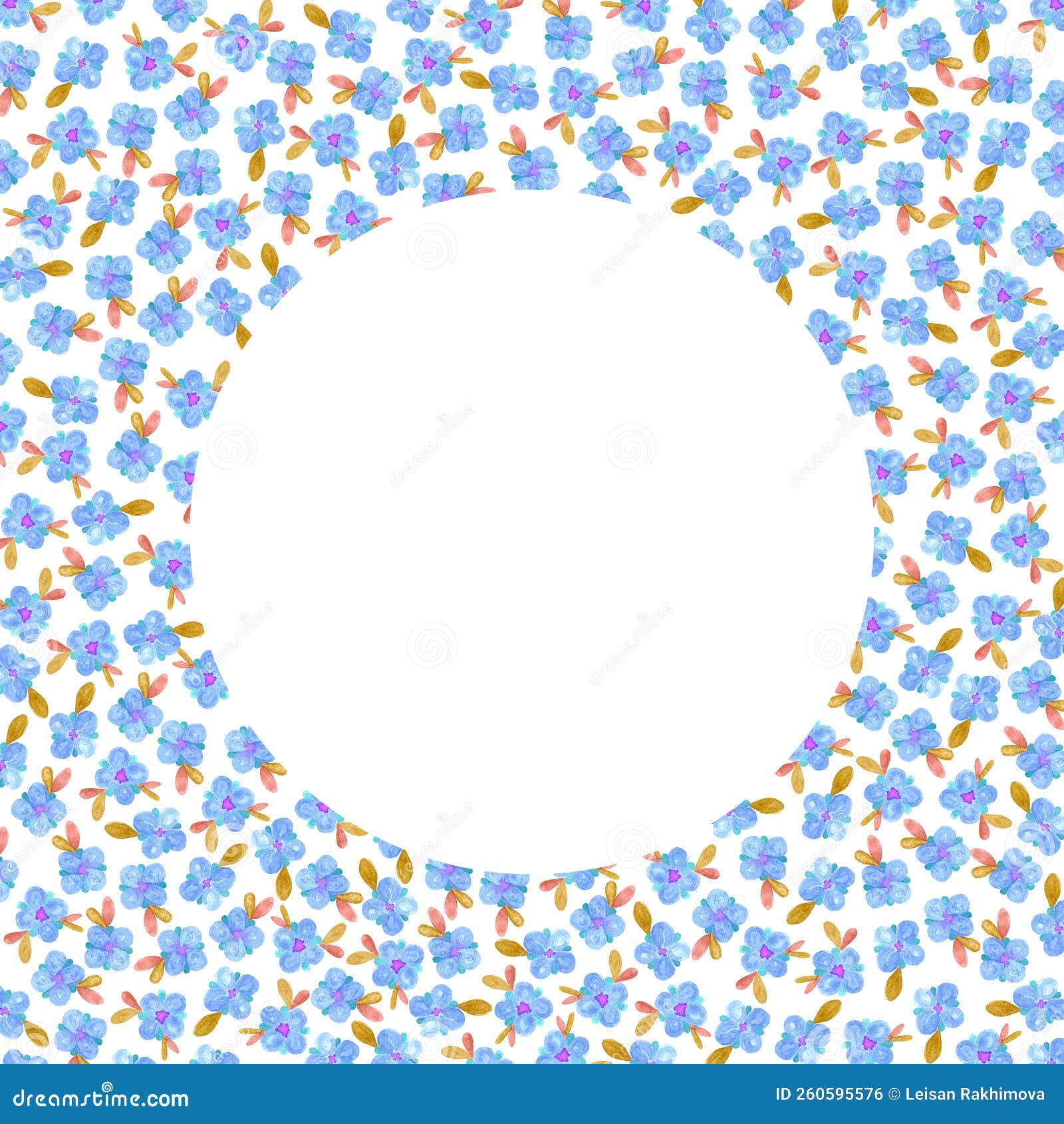 Watercolor Hand Drawn Tiny Light Blue Flowers Round Frame. Stock ...