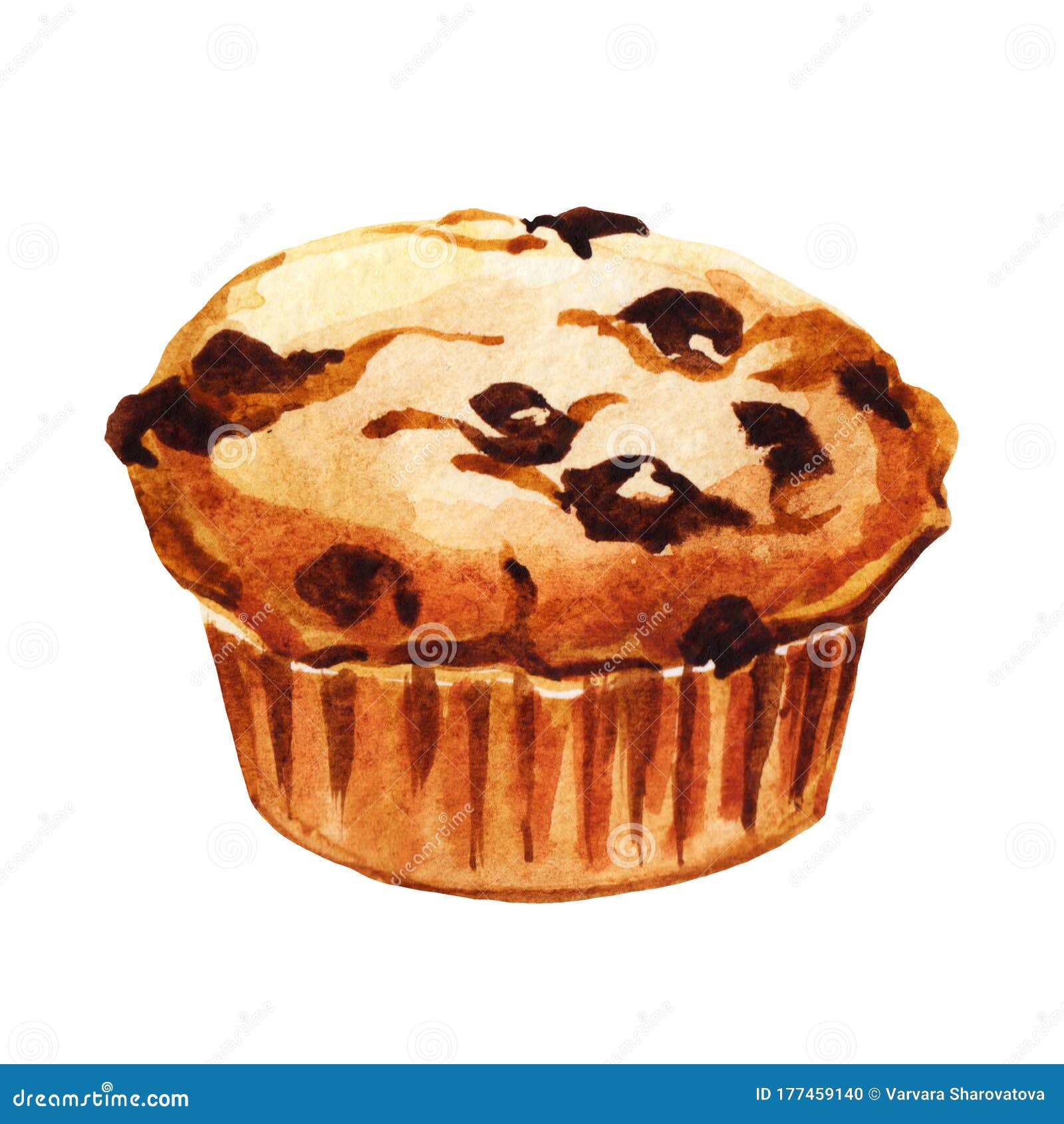 Watercolor Hand Drawn Vanilla Muffin With Chocolate Chips Illustration