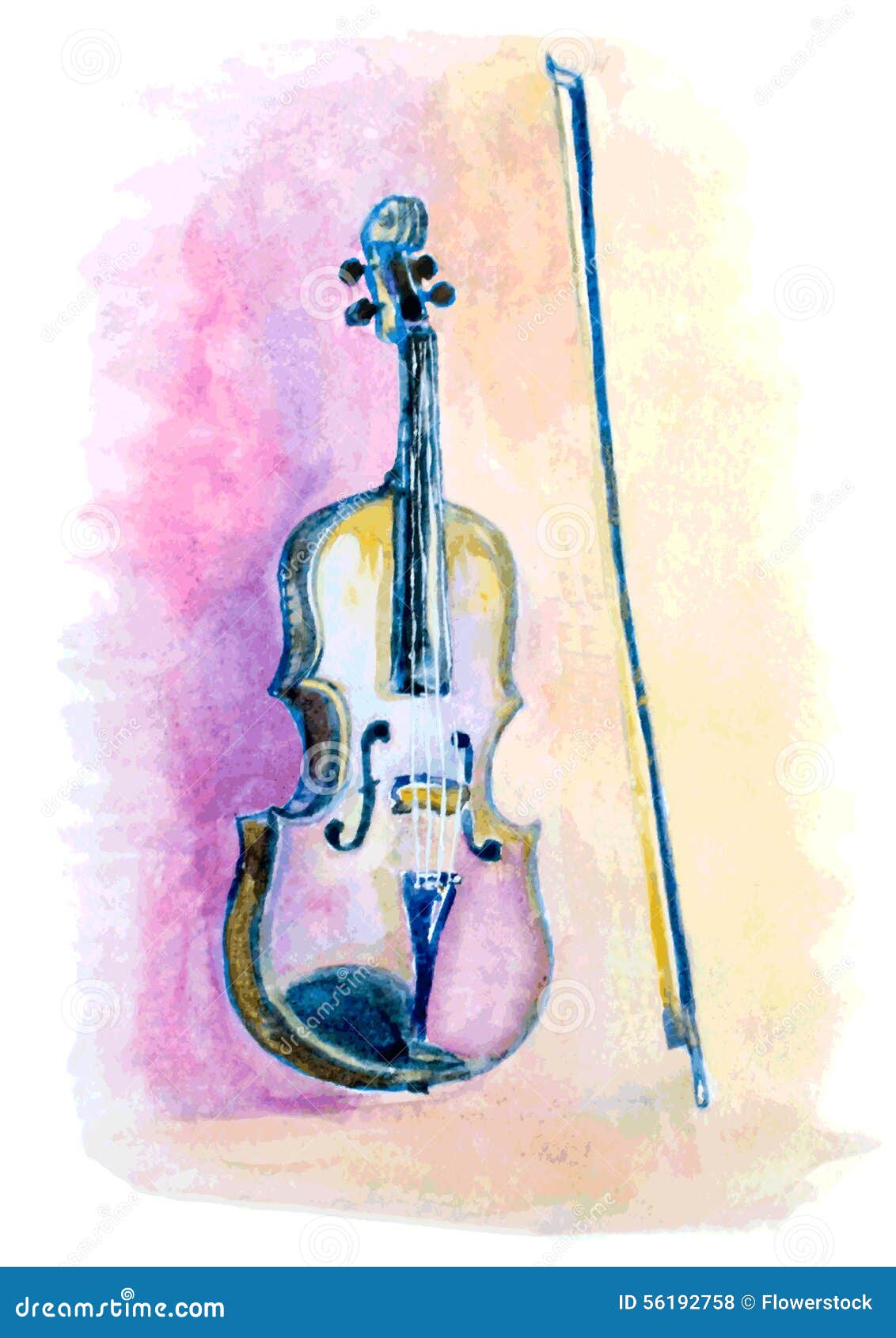 Watercolor Hand Drawn Violin and a Bow Stock Vector - Illustration of ...