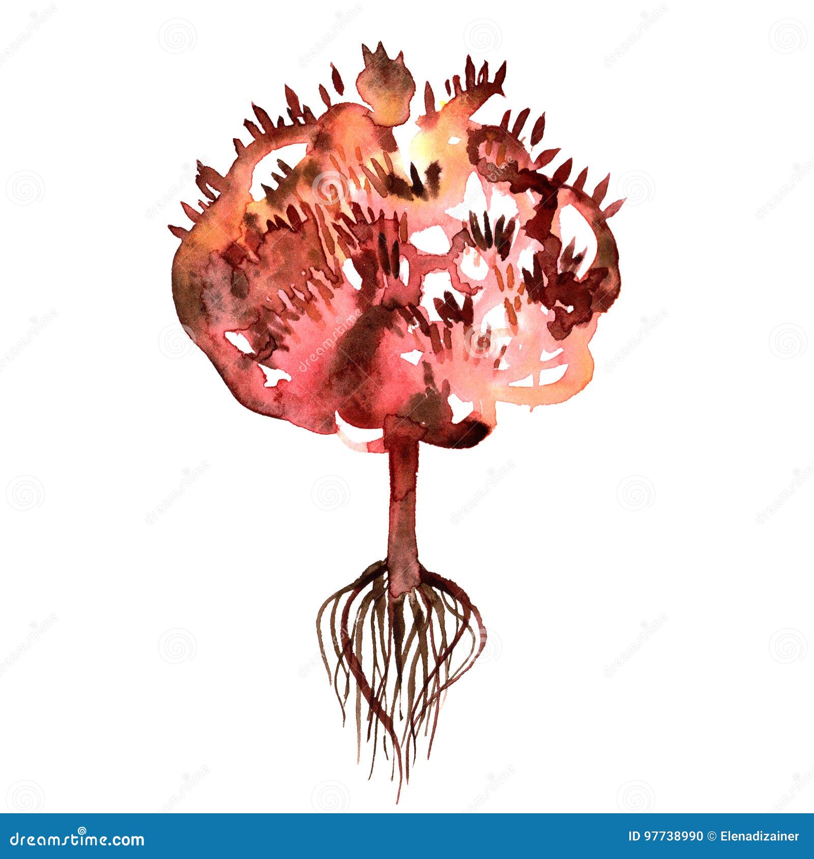 Watercolor Hand Painted Red Autumn Tree and Roots Stock Illustration ...