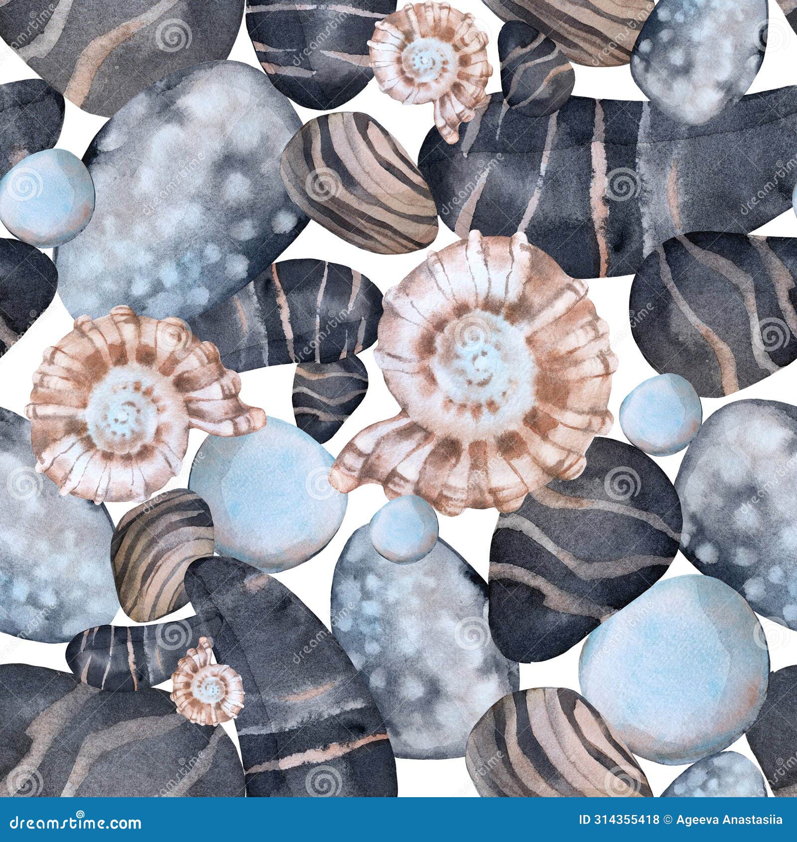 Watercolor Hand Painted Seamless Pattern with Black Pebbles and Shells ...