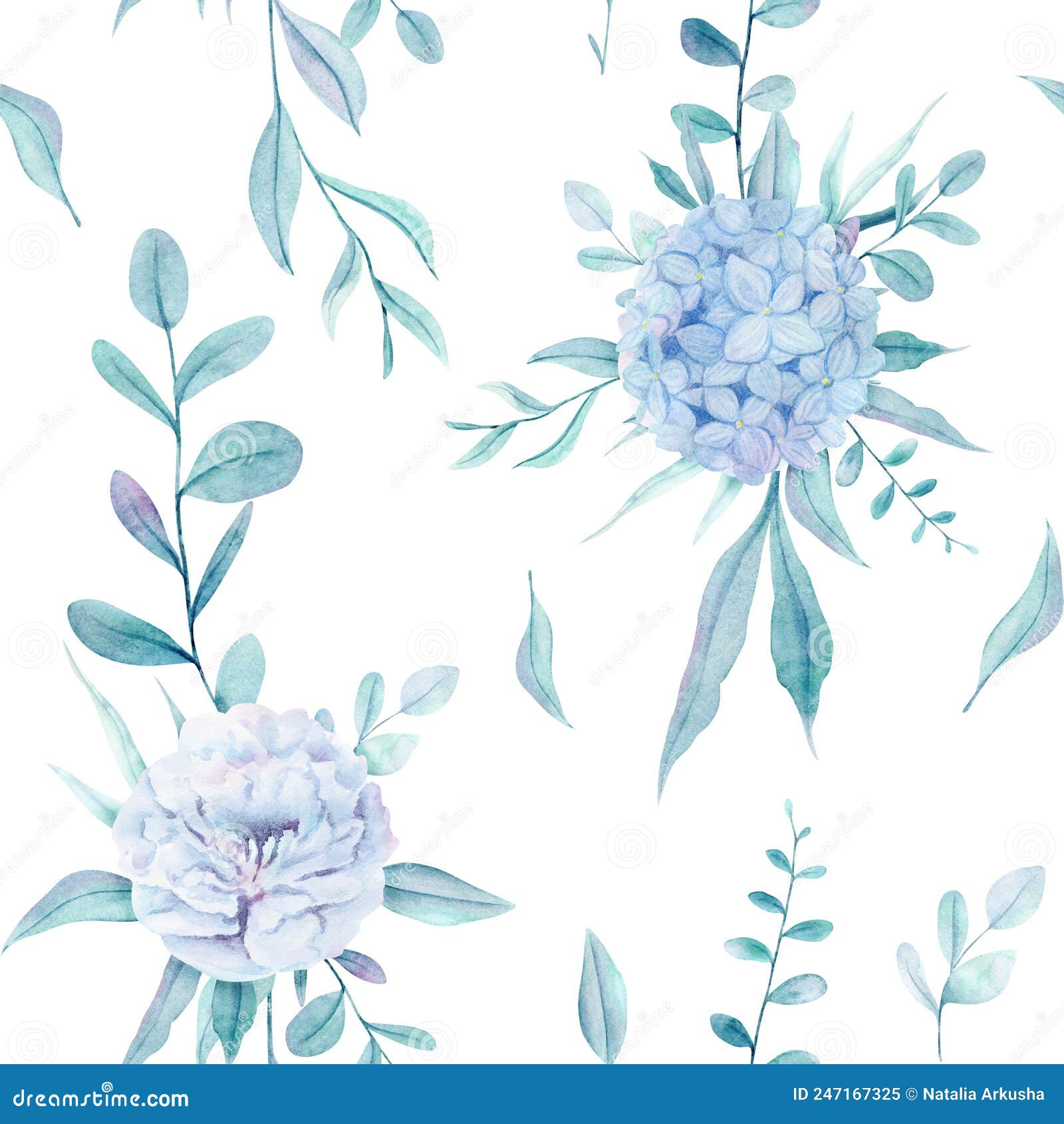 Watercolor Hand Painted Seamless Pattern with Blue Flowers Hydrangea ...