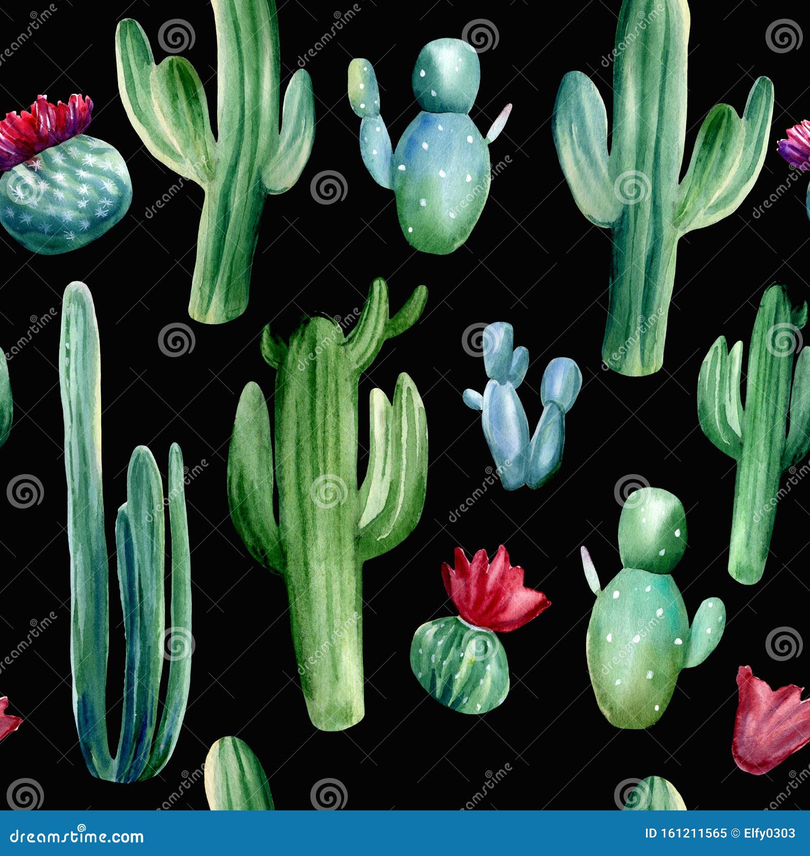 Watercolor Hand Painted Seamless Pattern with Different Cactuses on Black Background Stock ...