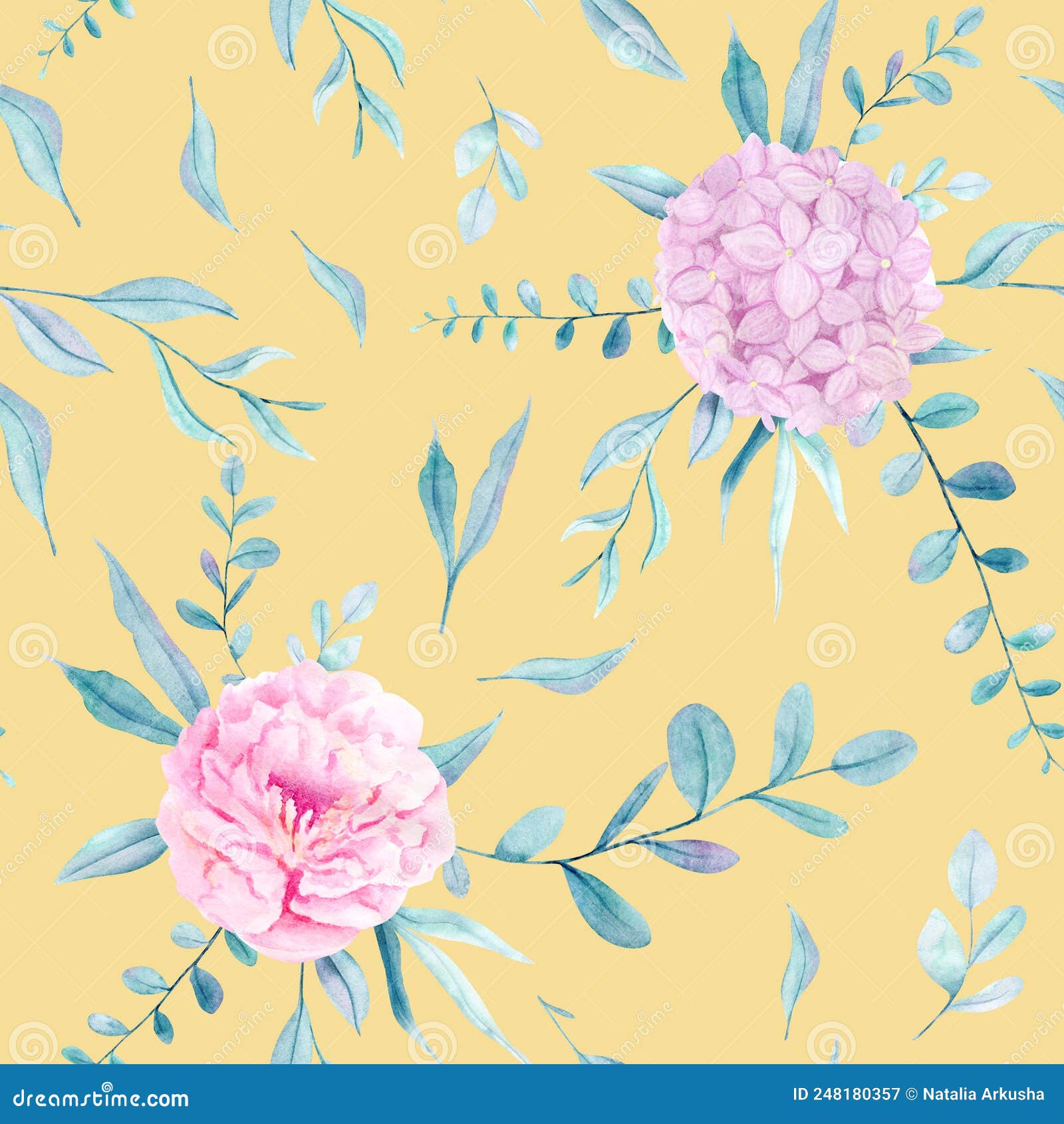 Watercolor Hand Painted Seamless Pattern with Pink Flowers Hydrangea ...