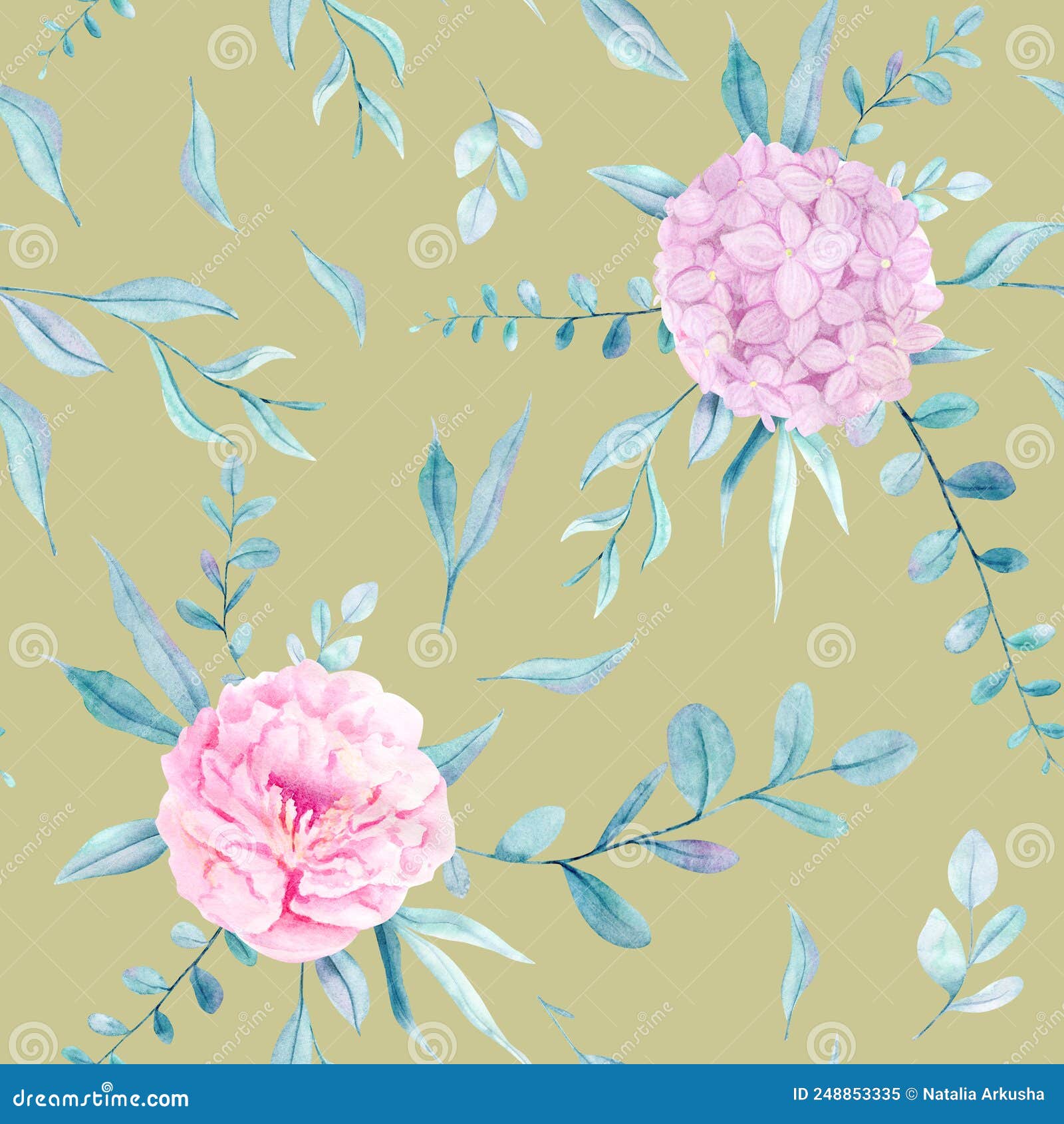 Watercolor Hand Painted Seamless Pattern with Pink Flowers Hydrangea ...