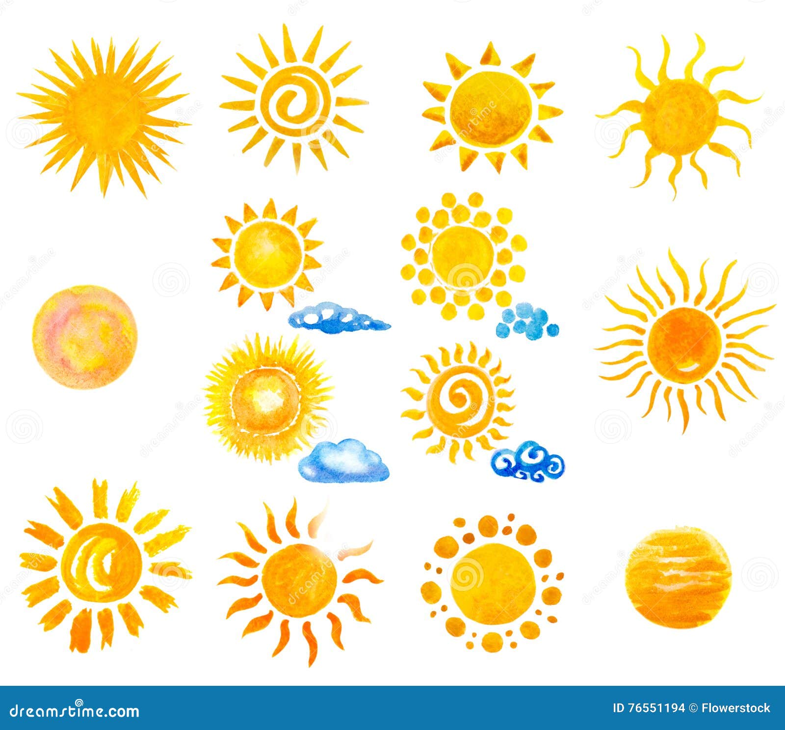 Watercolor Hand Painted Sun and Clouds Stock Illustration ...