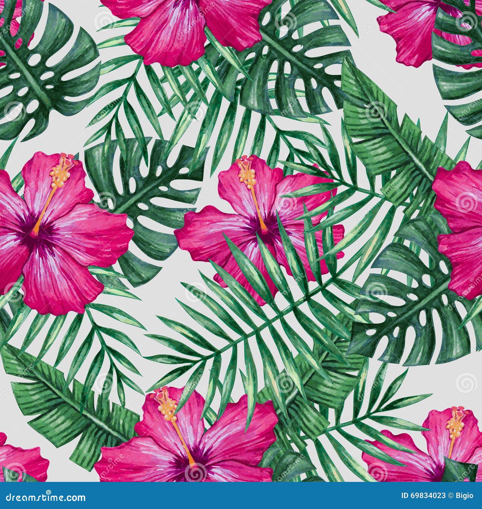 Watercolor Hibiscus Flower And Palm Leaves Seamless Pattern Stock
