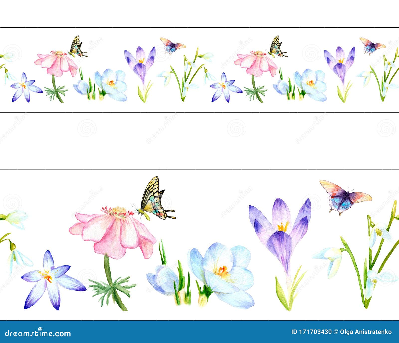 Watercolor Horizontal Banner, Seamless Pattern. Spring Flowers Stock ...