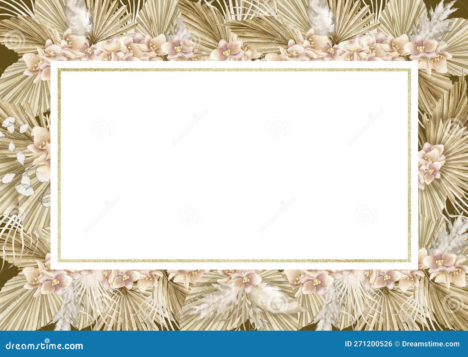 Watercolor Horizontal Rectangular Frame with Dried Palm Leaves and ...