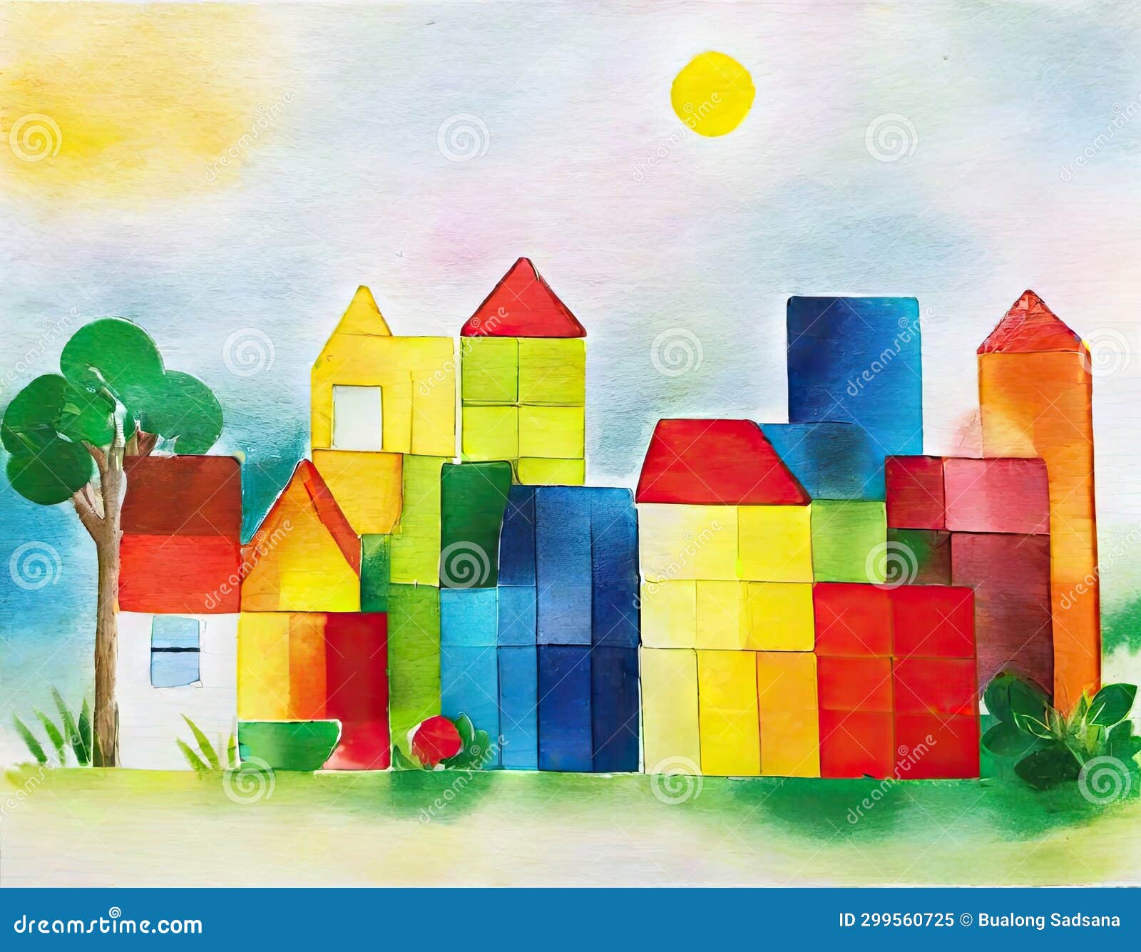 Watercolor of House Made of Colorful Lego Stock Illustration ...