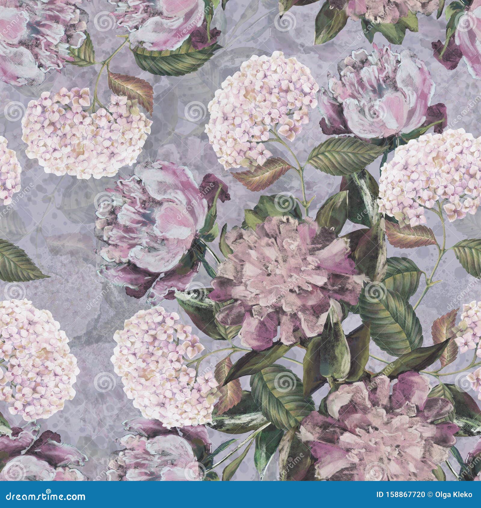 Watercolor Hydrangea with Peony on Gray Background. Seamless Pattern ...