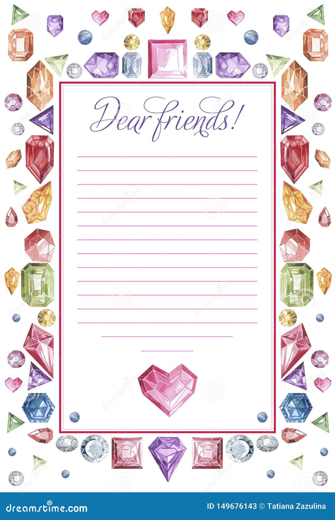 Watercolor Illustrated Multicolor Crystal Gems Collection in Shape of a ...