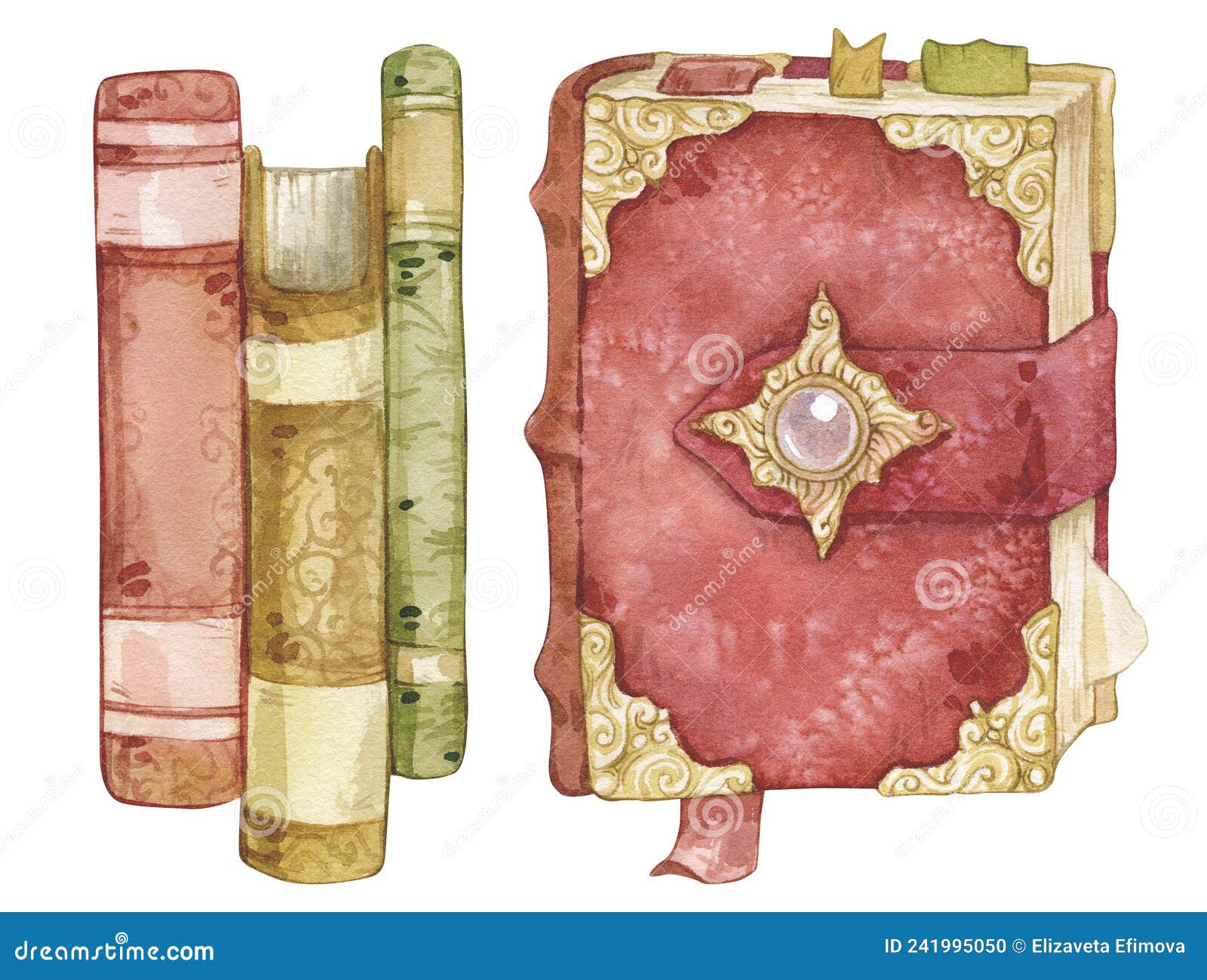 Watercolor Illustration of an Ancient Magic Book of Spells and a Stack ...