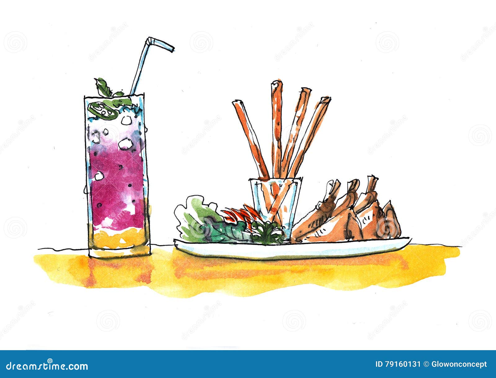 Watercolor Illustration Asian Fried Rolls Appetizer and Drinks Stock ...
