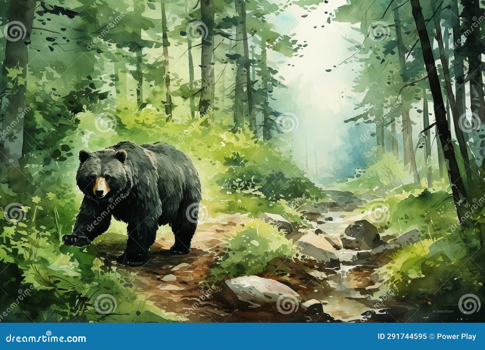 Watercolor Illustration of a Bear in the Forest. Wild Animal Stock ...