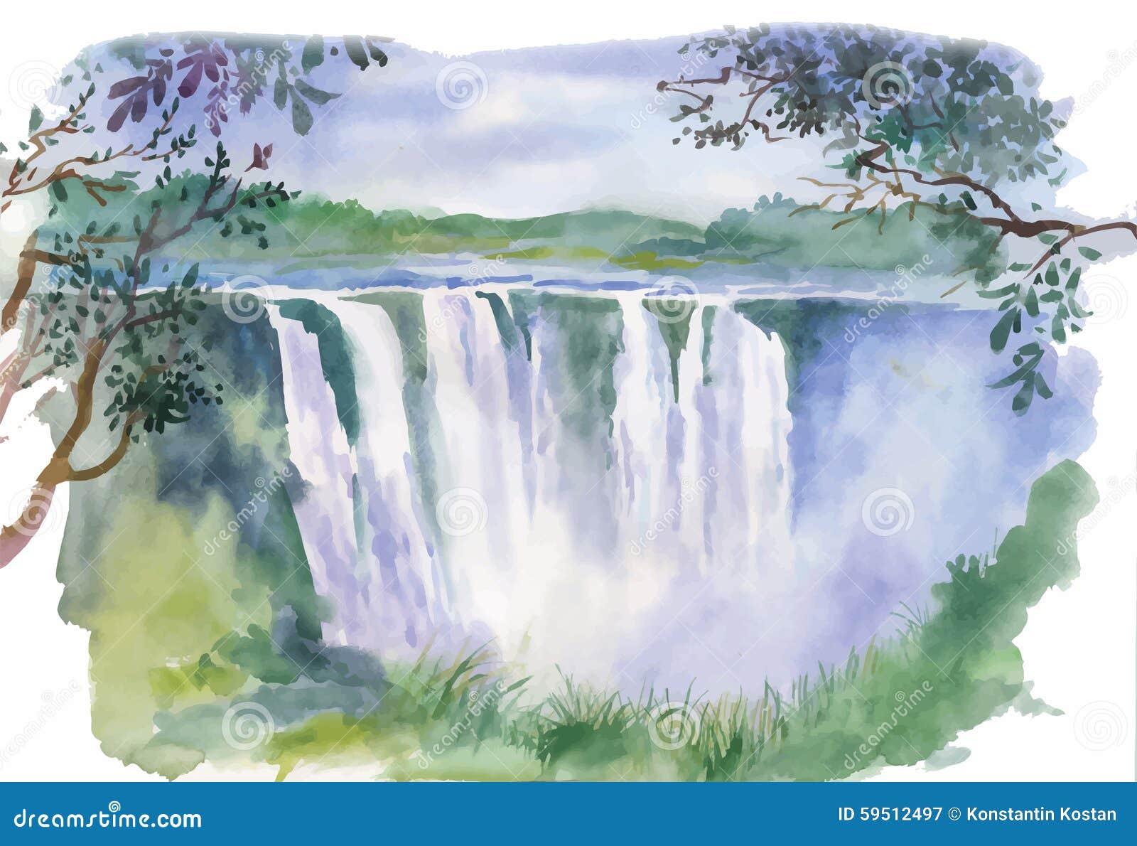 Watercolor Illustration of Beautiful Waterfall Stock Vector ...