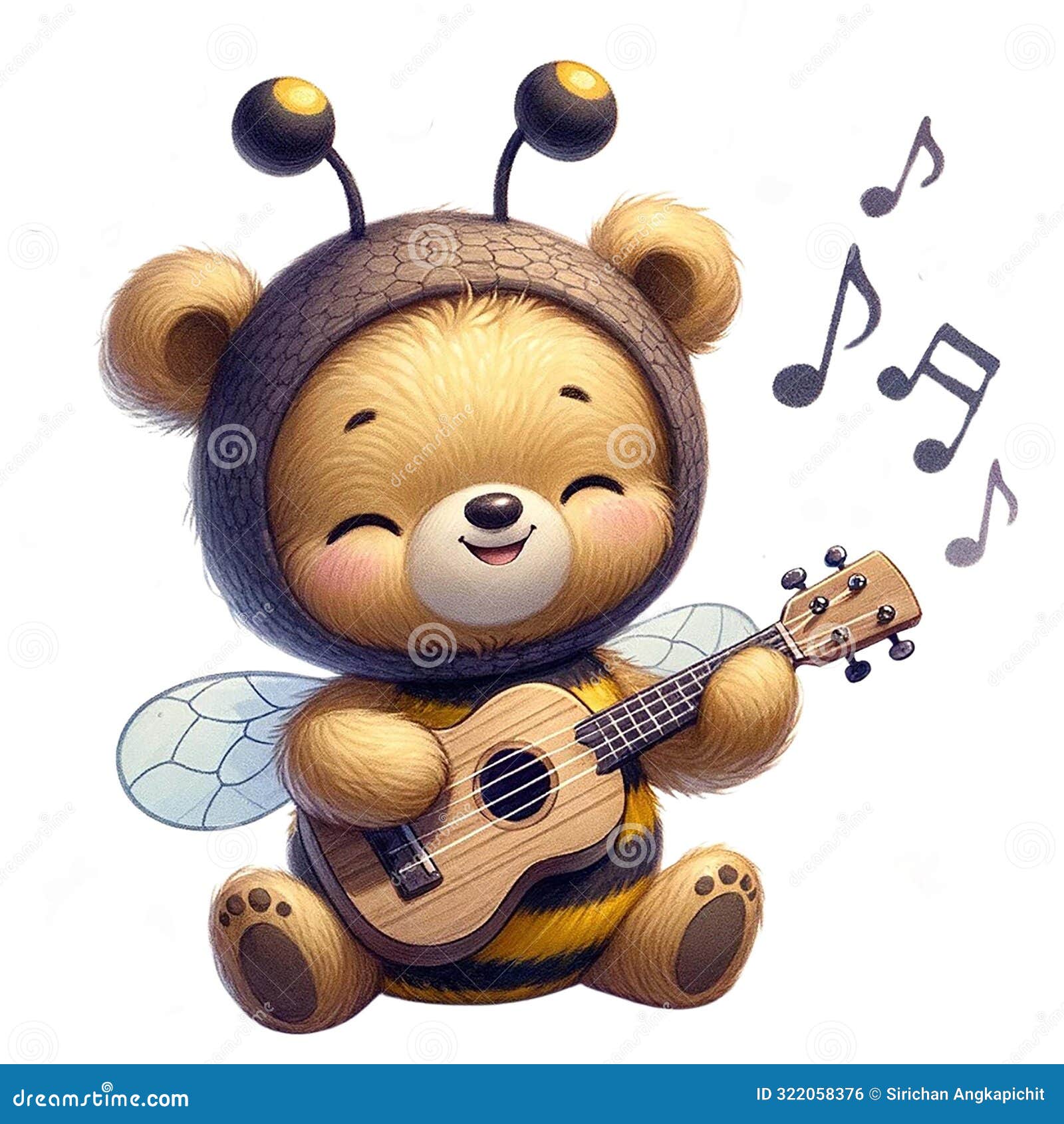 Watercolor Illustration of Bee-Bear Playing a Ukulele Stock Photo ...