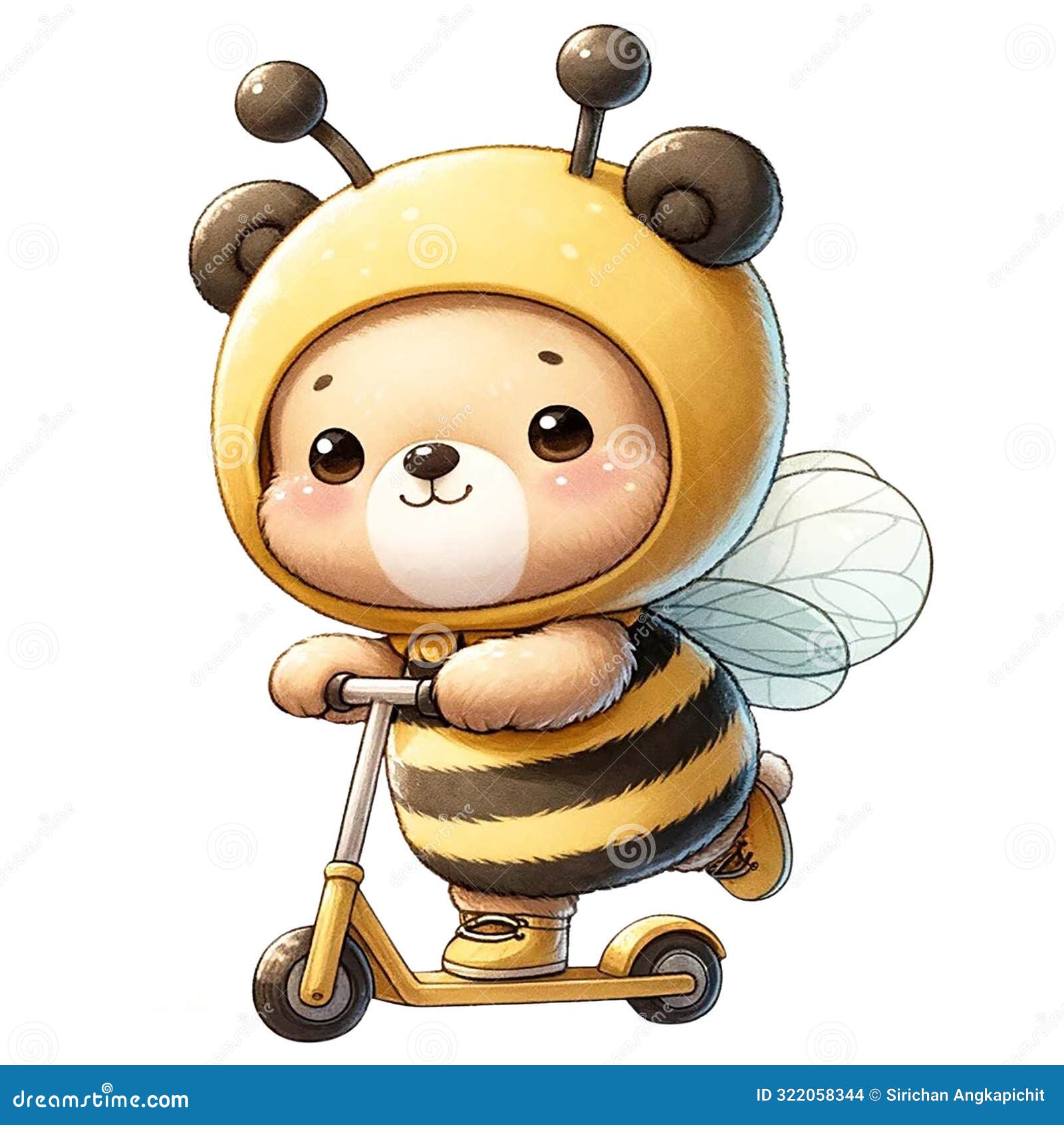 Watercolor Illustration of Bee-Bear on a Scooter Stock Photo ...