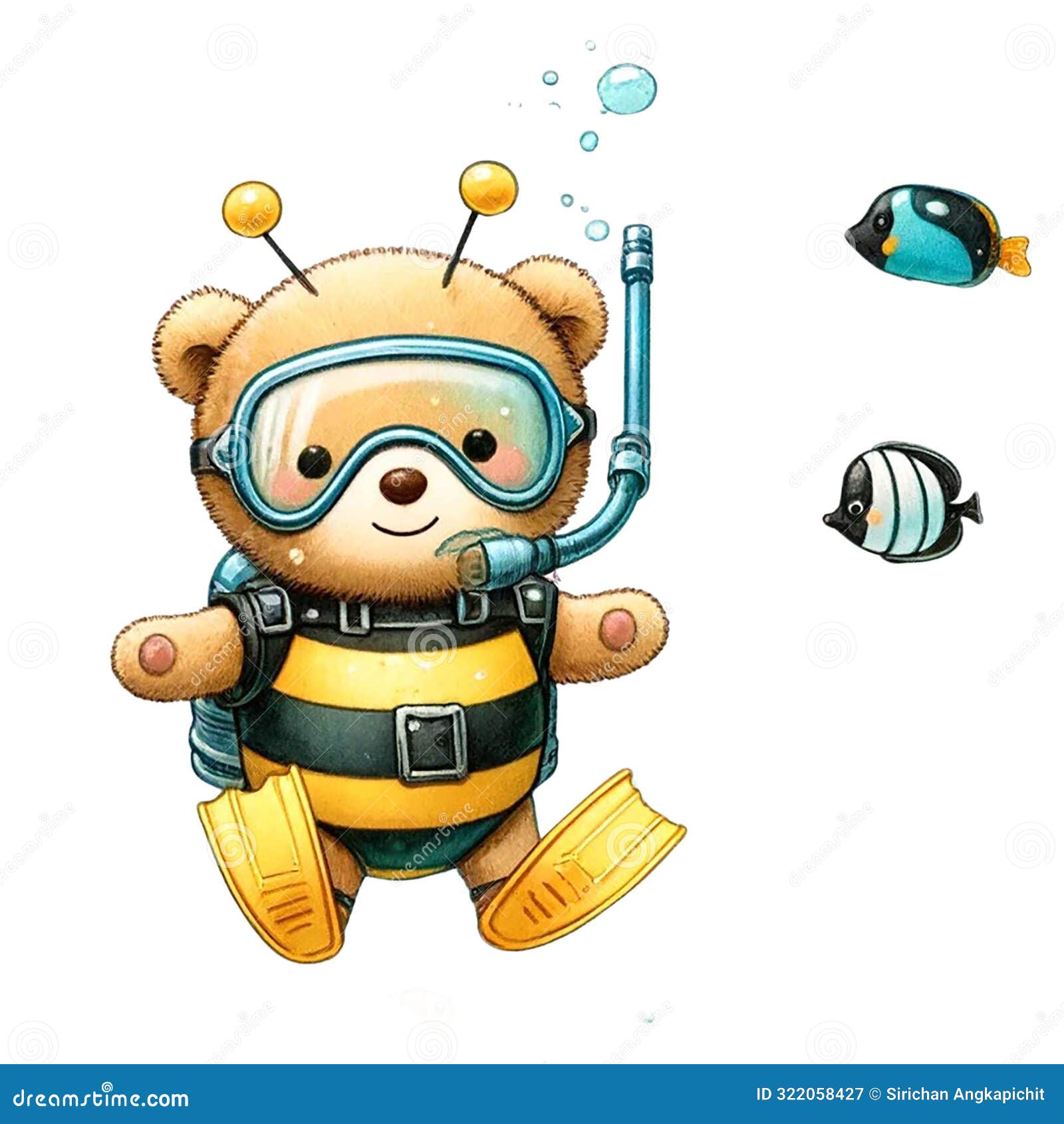 Watercolor Illustration of Bee-Bear Scuba Diving Stock Image ...