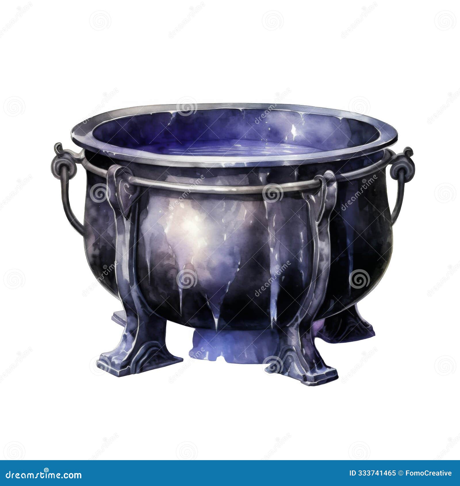 Watercolor Illustration of a Black Cauldron with Purple Liquid Stock ...