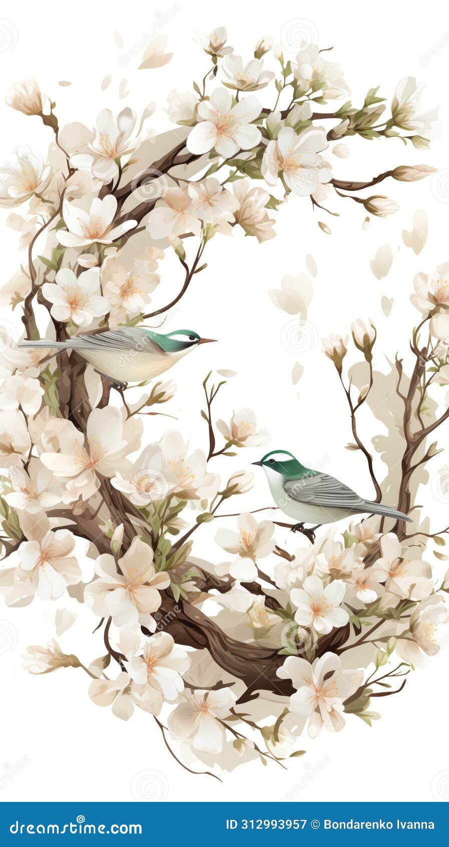 Watercolor Illustration of Blooming Spring Tree Branch with Birds Stock ...