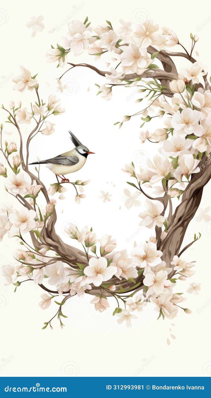 Watercolor Illustration of Blooming Spring Tree Branch with Birds Stock ...
