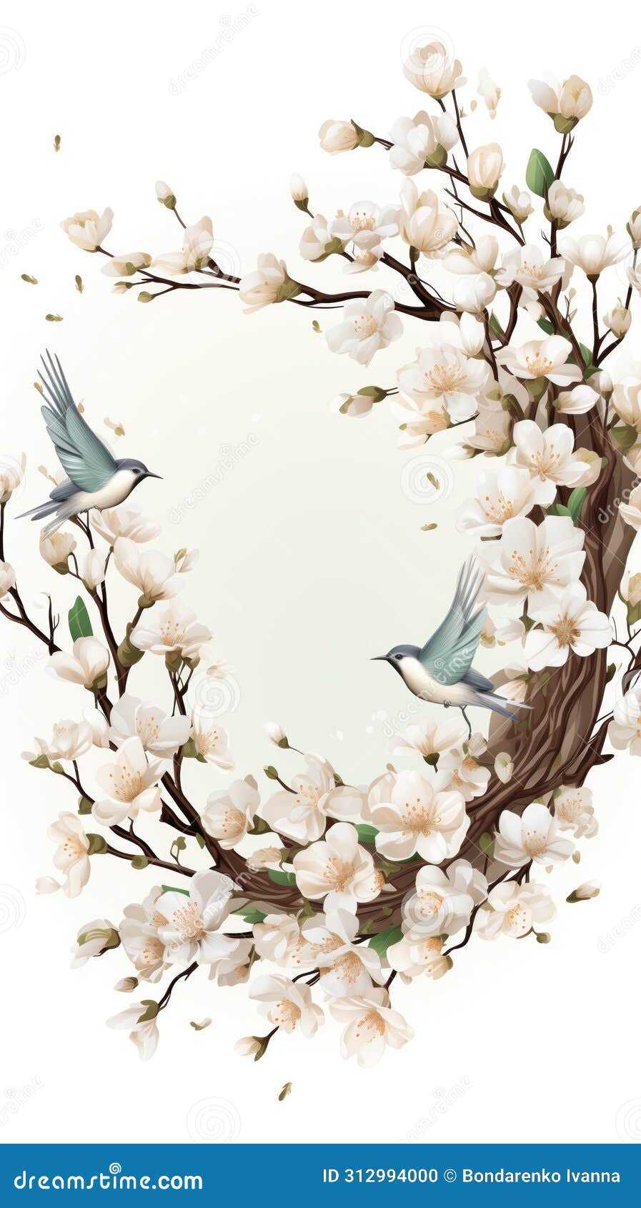 Watercolor Illustration of Blooming Spring Tree Branch with Birds Stock ...