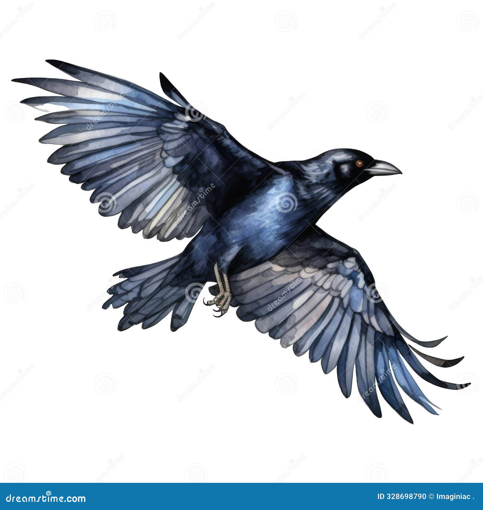 Watercolor Illustration of a Blue Crow in Flight Stock Photo ...