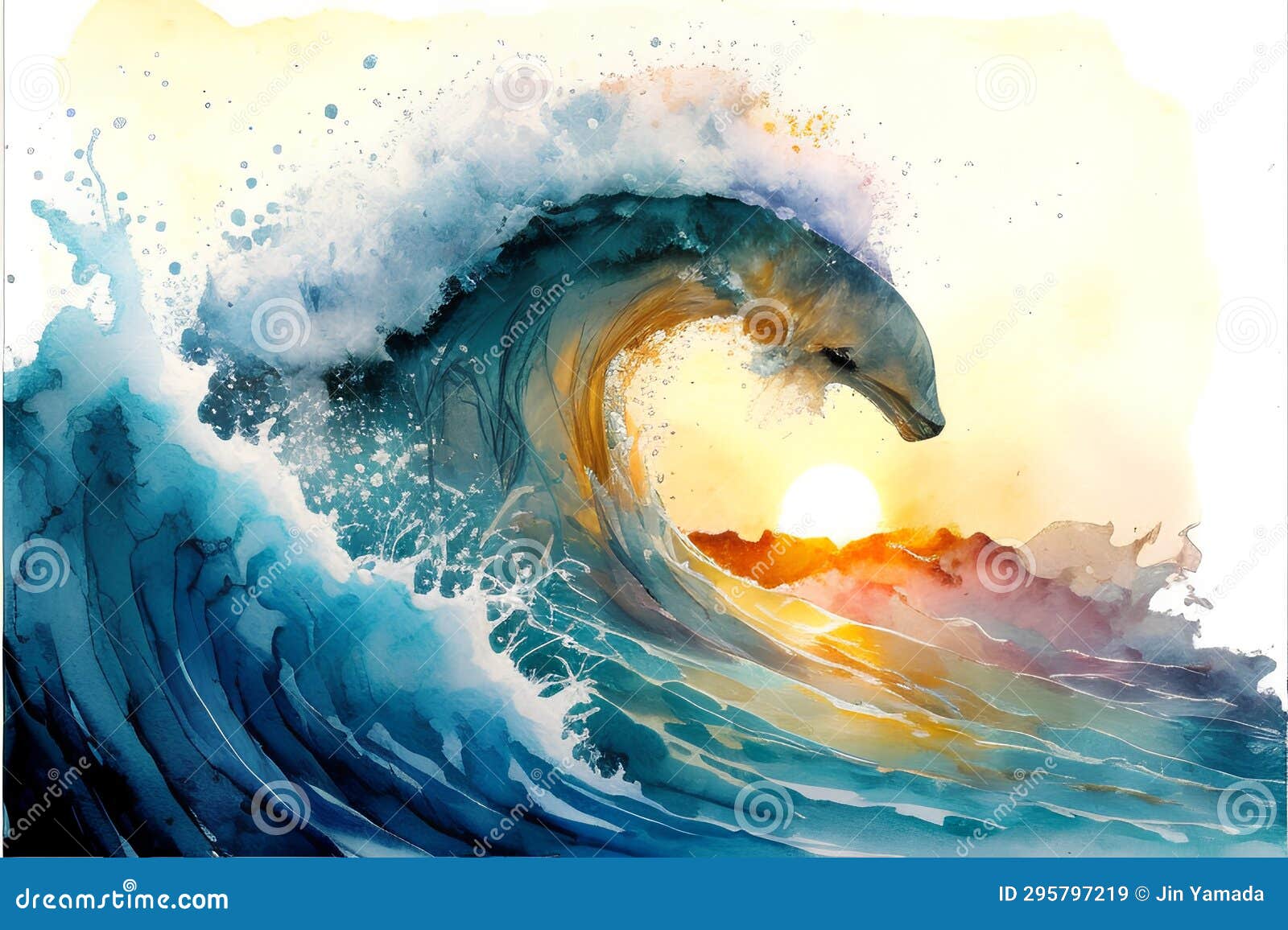 Watercolor Illustration of a Blue Wave with a Dolphin on it. Stock ...