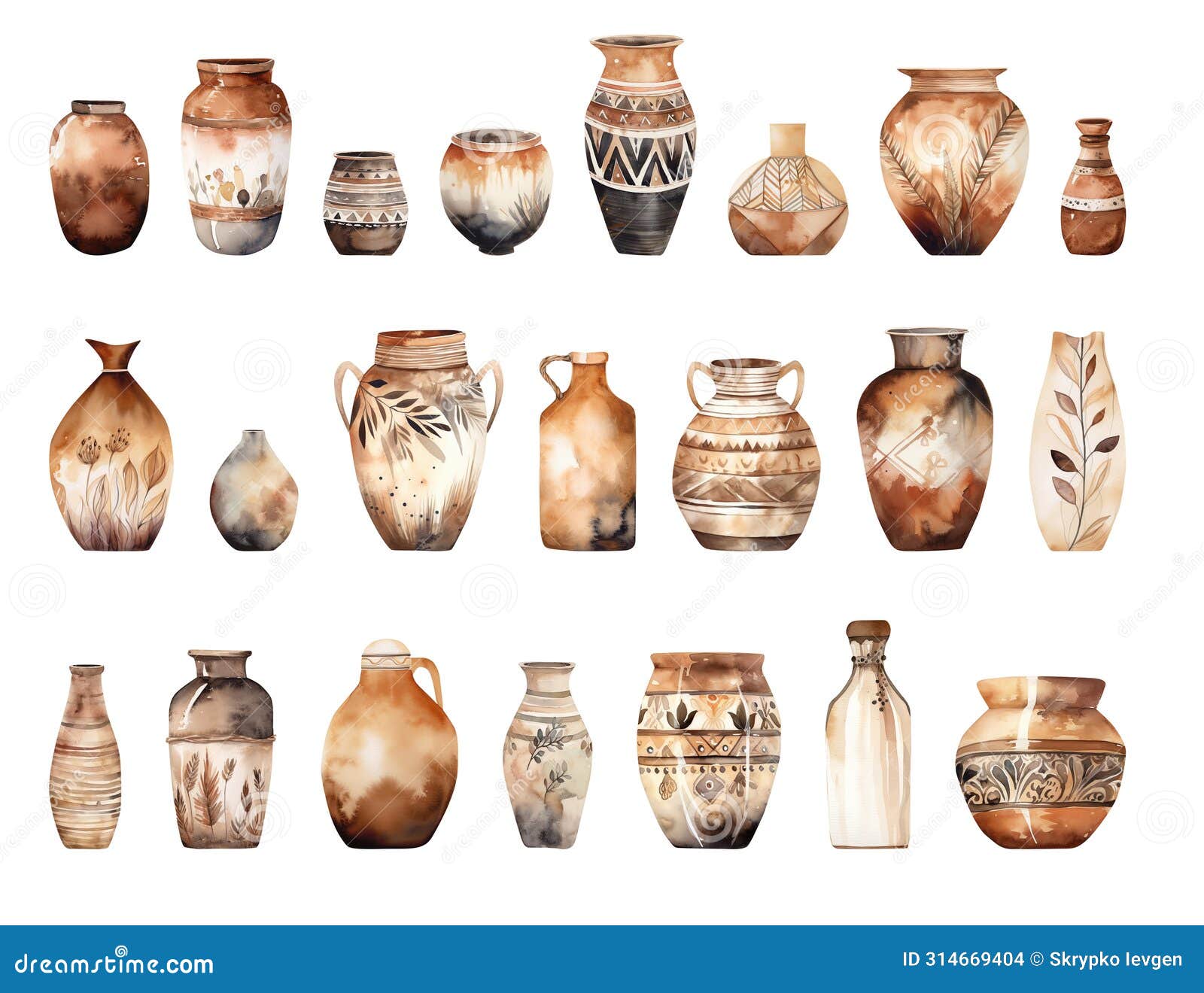 Watercolor Illustration in Boho Style Set of Clay Pots Stock Photo ...