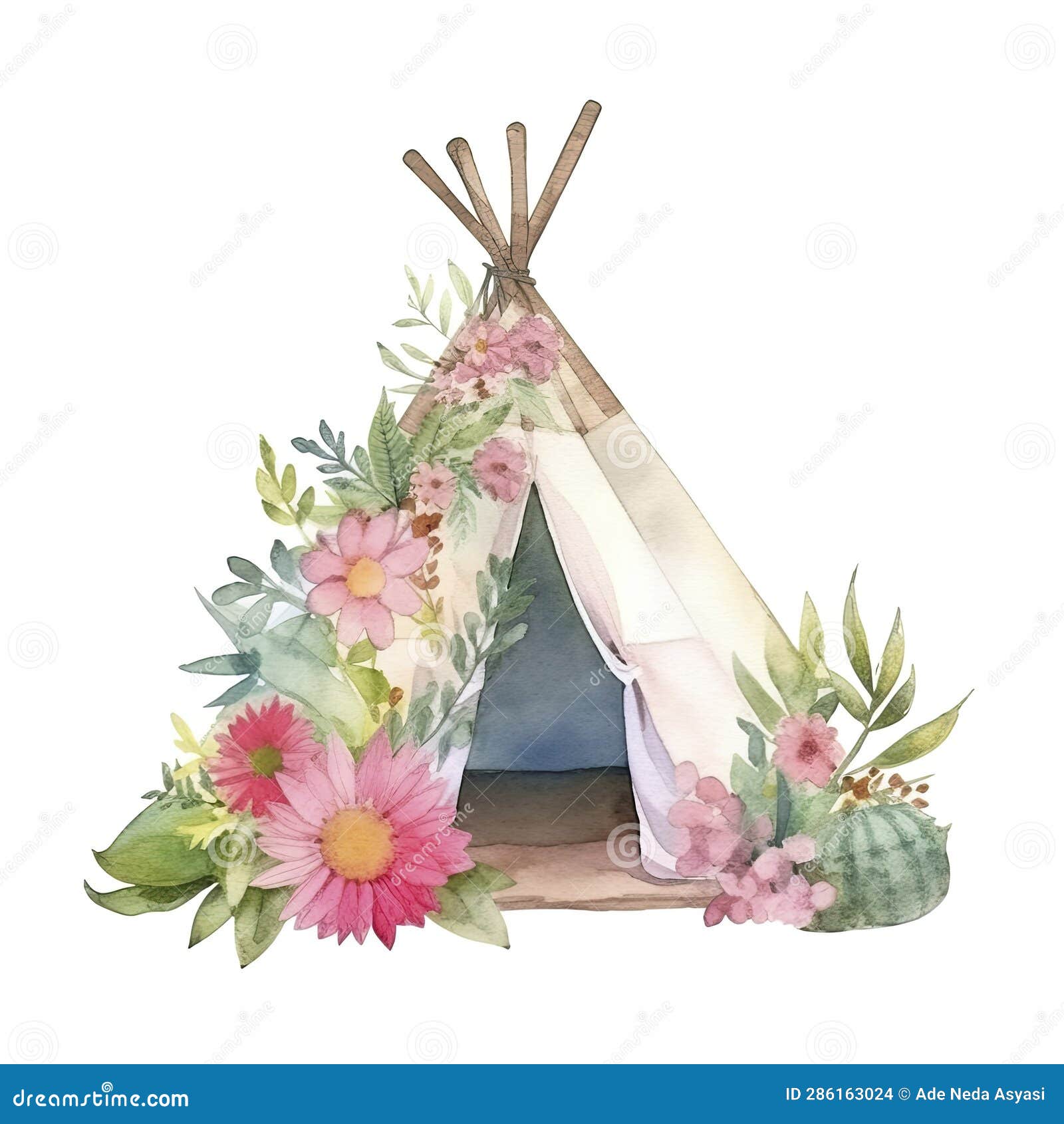 Watercolor Illustration of a Boho Tent with Flowers Stock Illustration ...