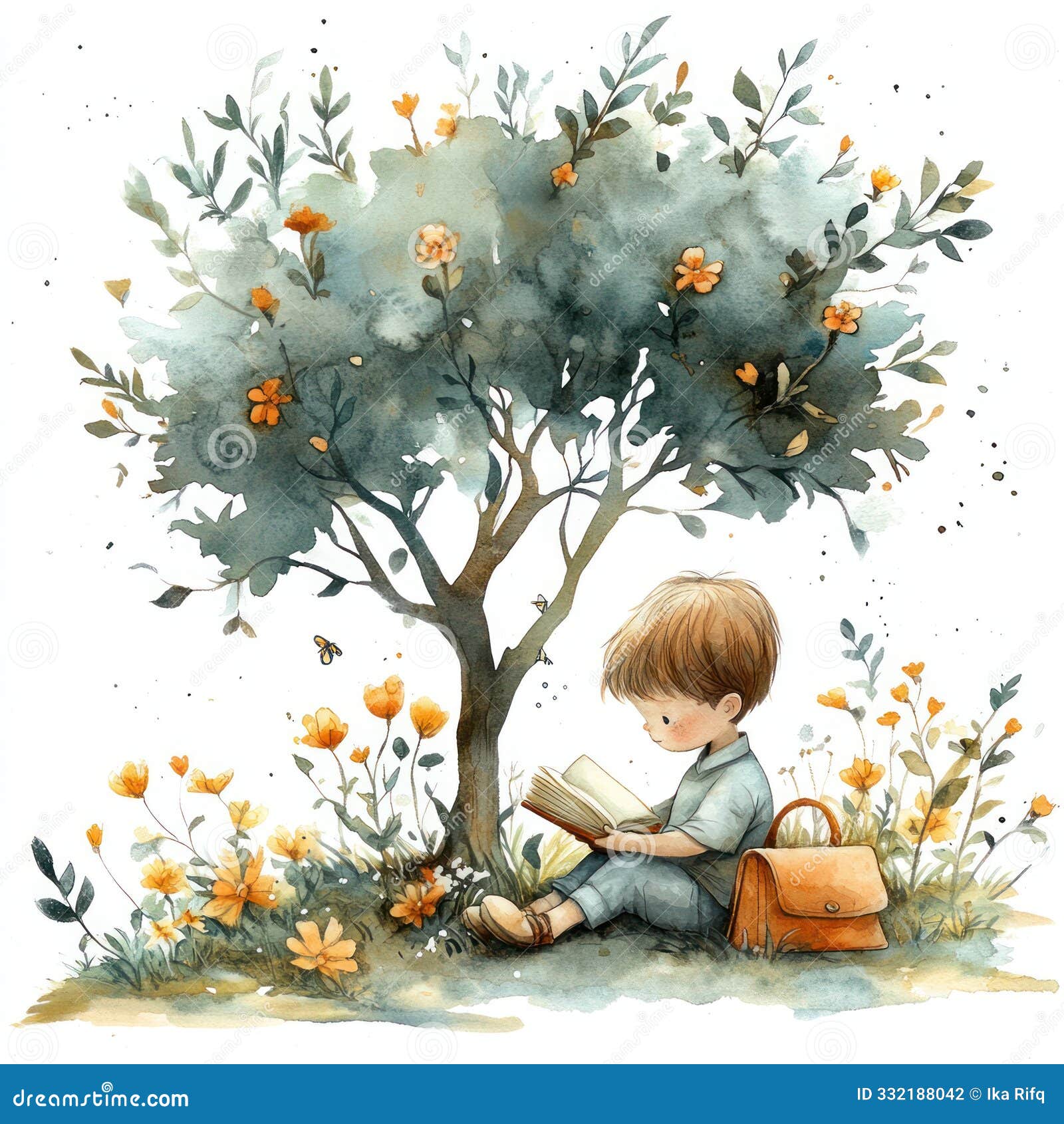 Watercolor Illustration of a Boy Reading Under a Tree Stock ...