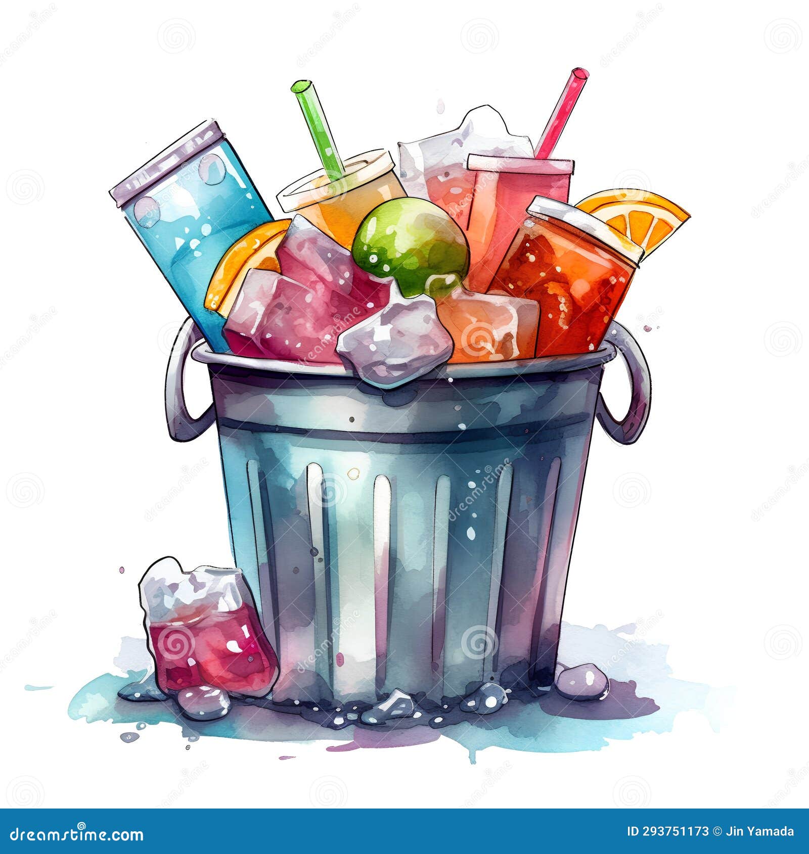 Watercolor Illustration of a Bucket Full of Ice Cubes and Drinks. Stock ...