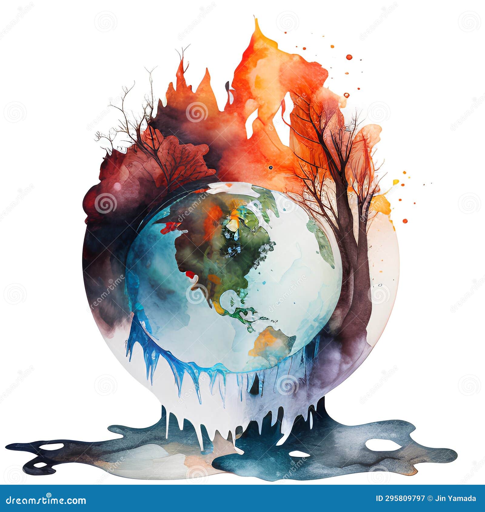 Watercolor Illustration of a Burning Earth with Trees and Fire on a ...