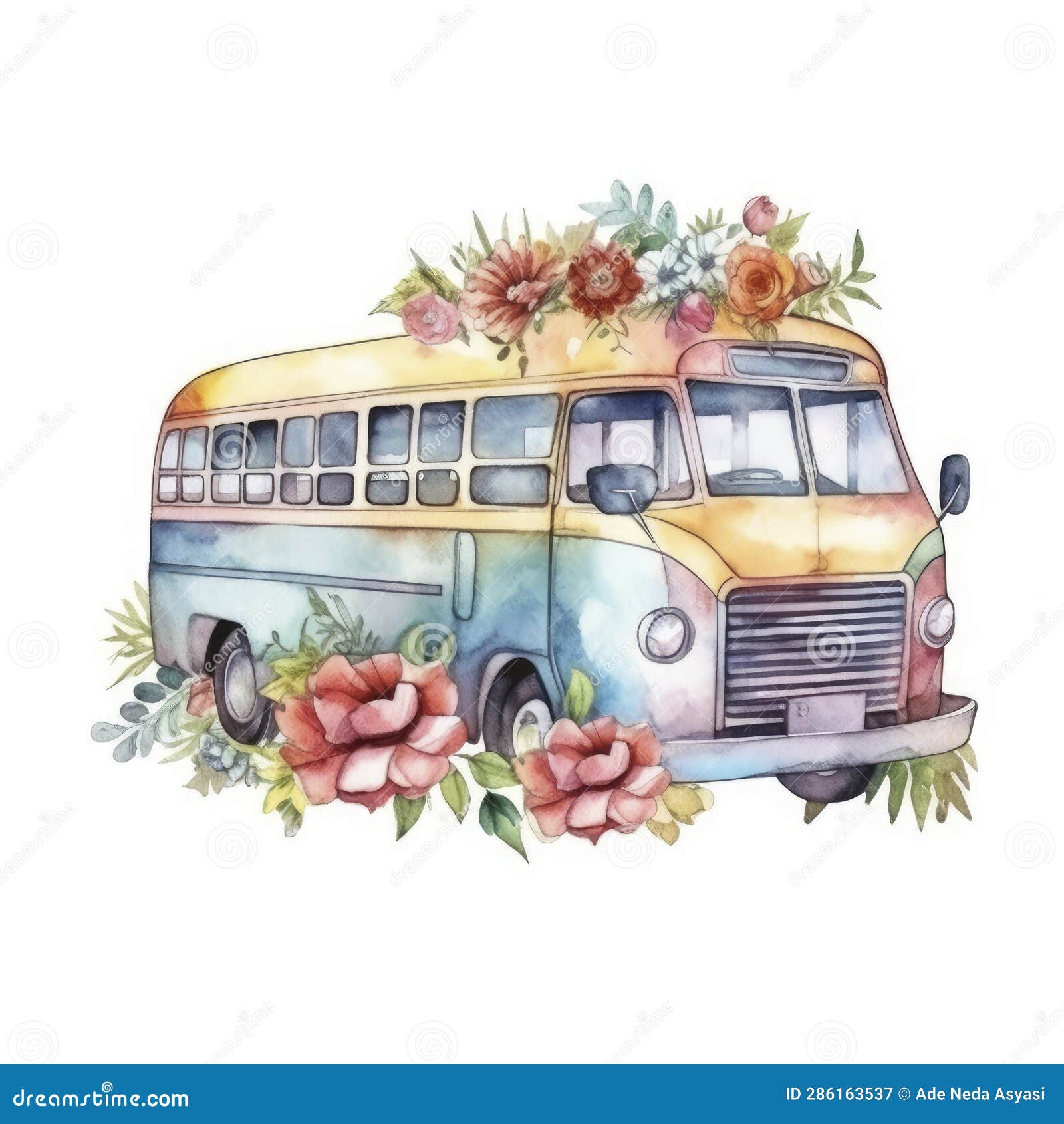 Watercolor Illustration of a Bus with Flowers Stock Illustration ...