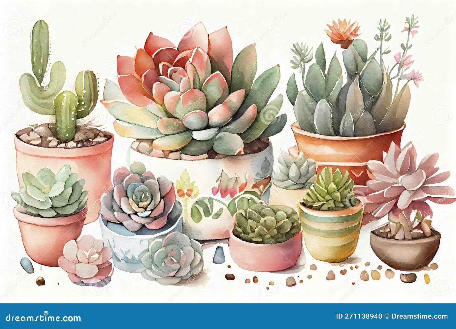 Watercolor Illustration of Cozy Succulent Objects Stock Illustration ...