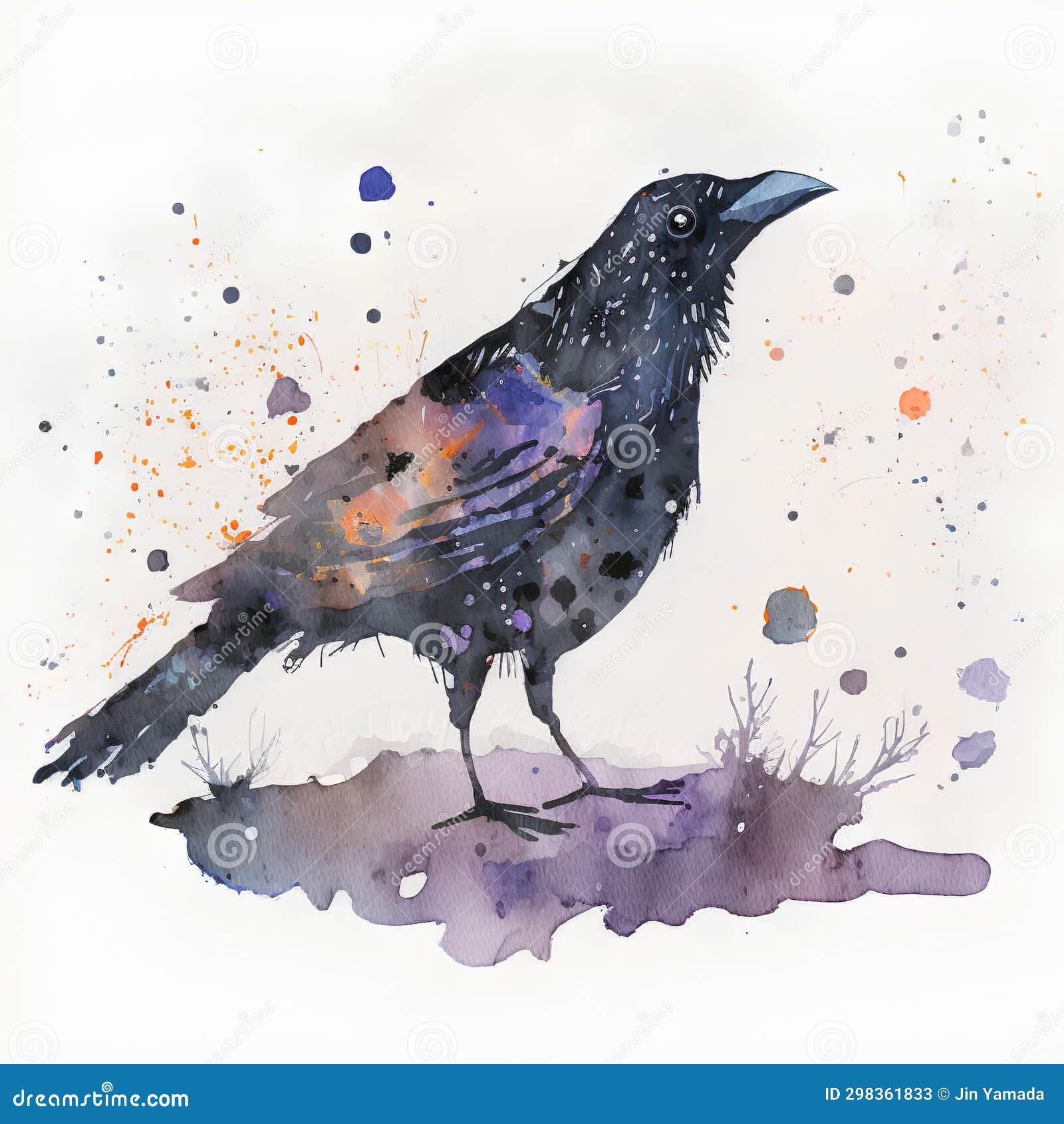 Watercolor Illustration of a Crow on a Background of Watercolor Spots ...