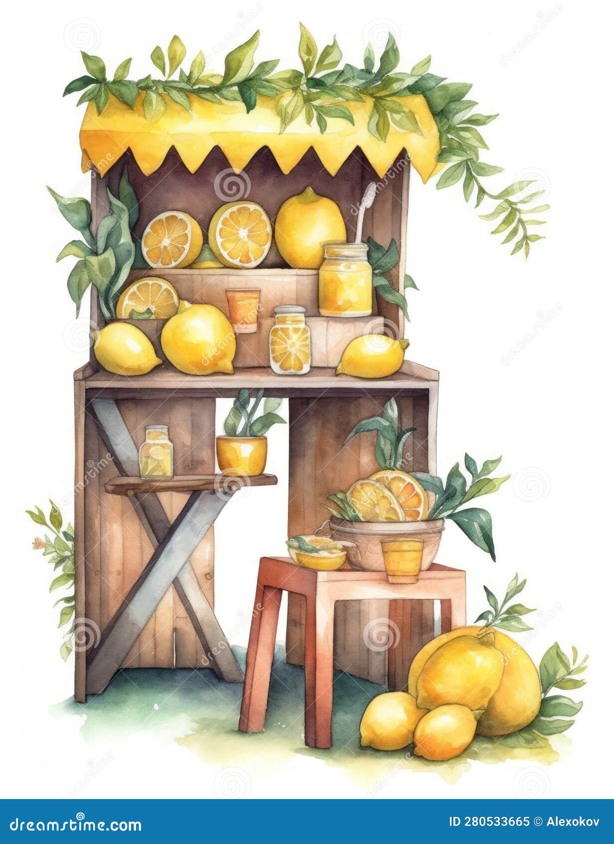 Watercolor Illustration of a Cute Lemonade Stand on White Background ...