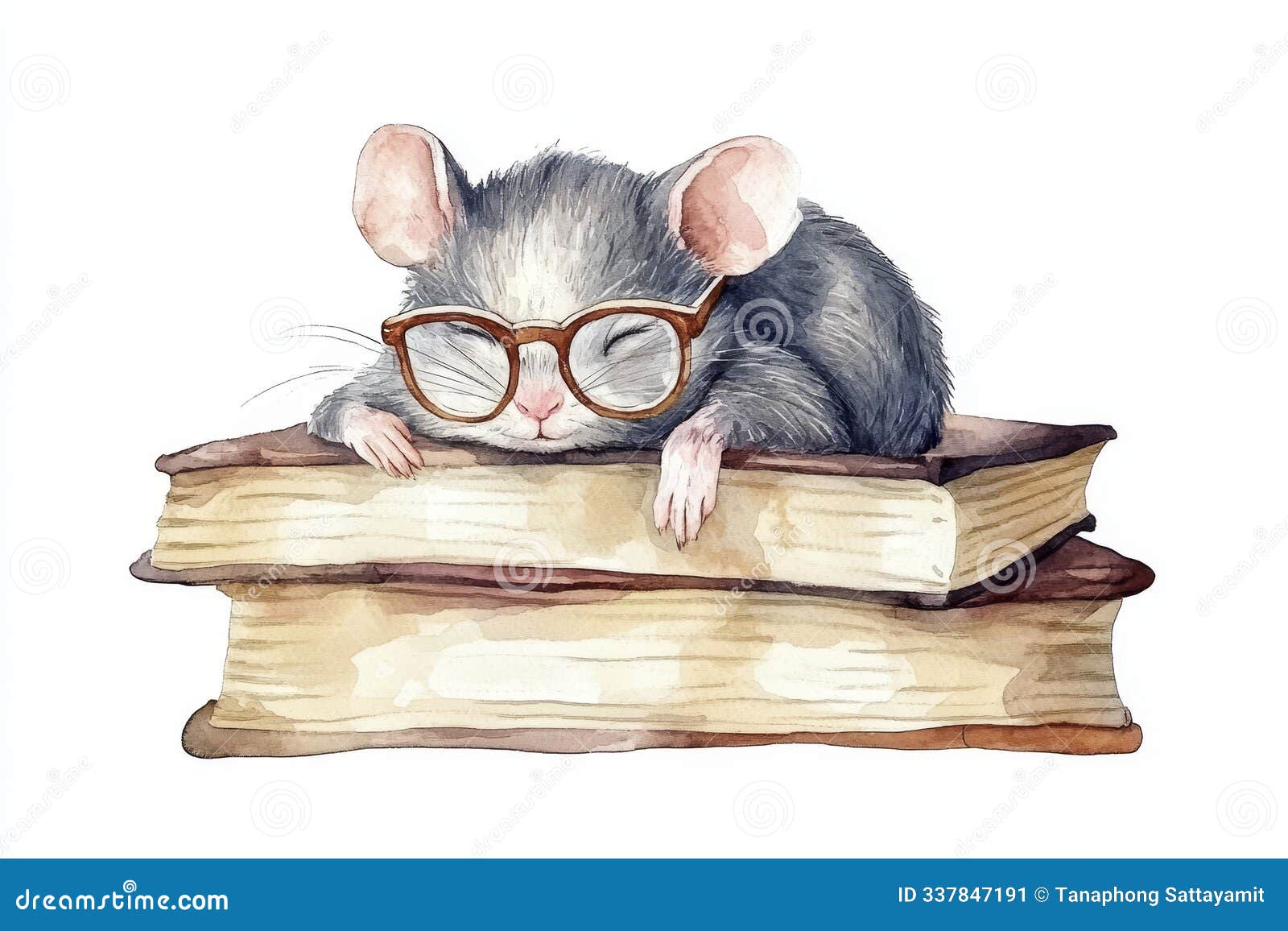 Sleepy Mouse with Glasses on a Stack of Books Stock Illustration ...
