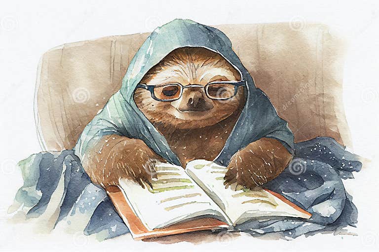 Watercolor Illustration Of Cute Sleepy Sloth Wearing Glasses Reading In Bed Stock Illustration
