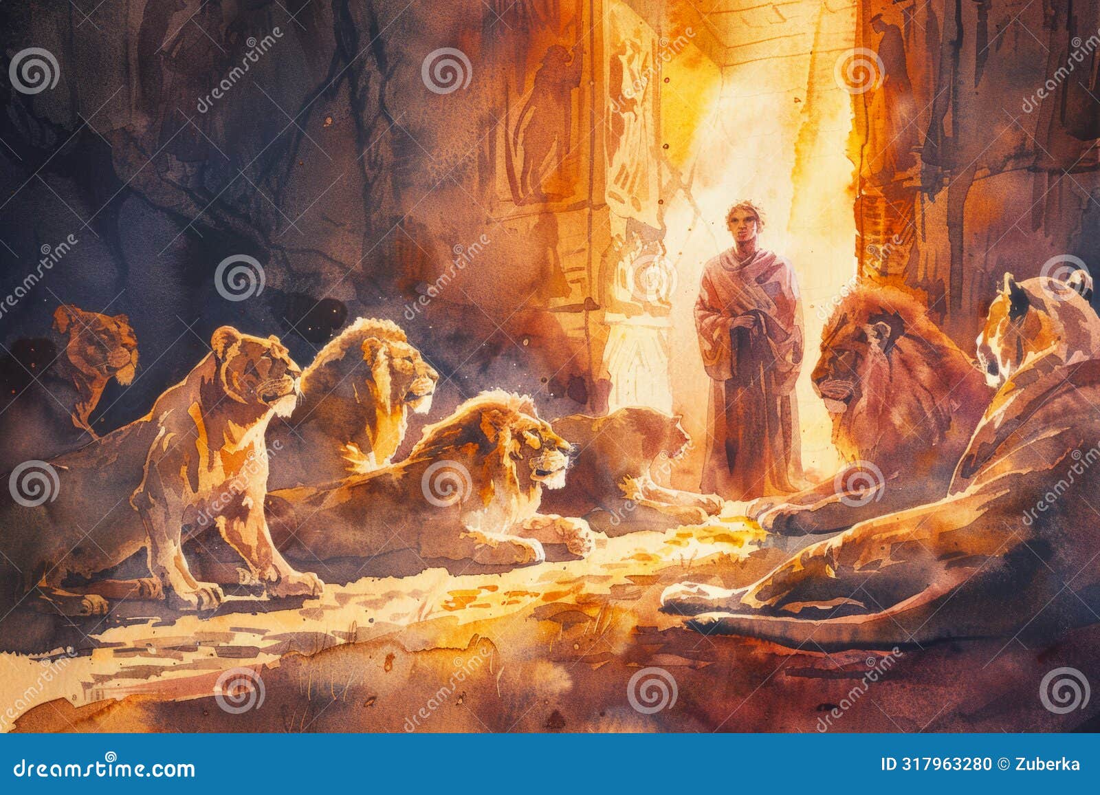 Watercolor Illustration of Daniel in Lions Den Stock Illustration ...