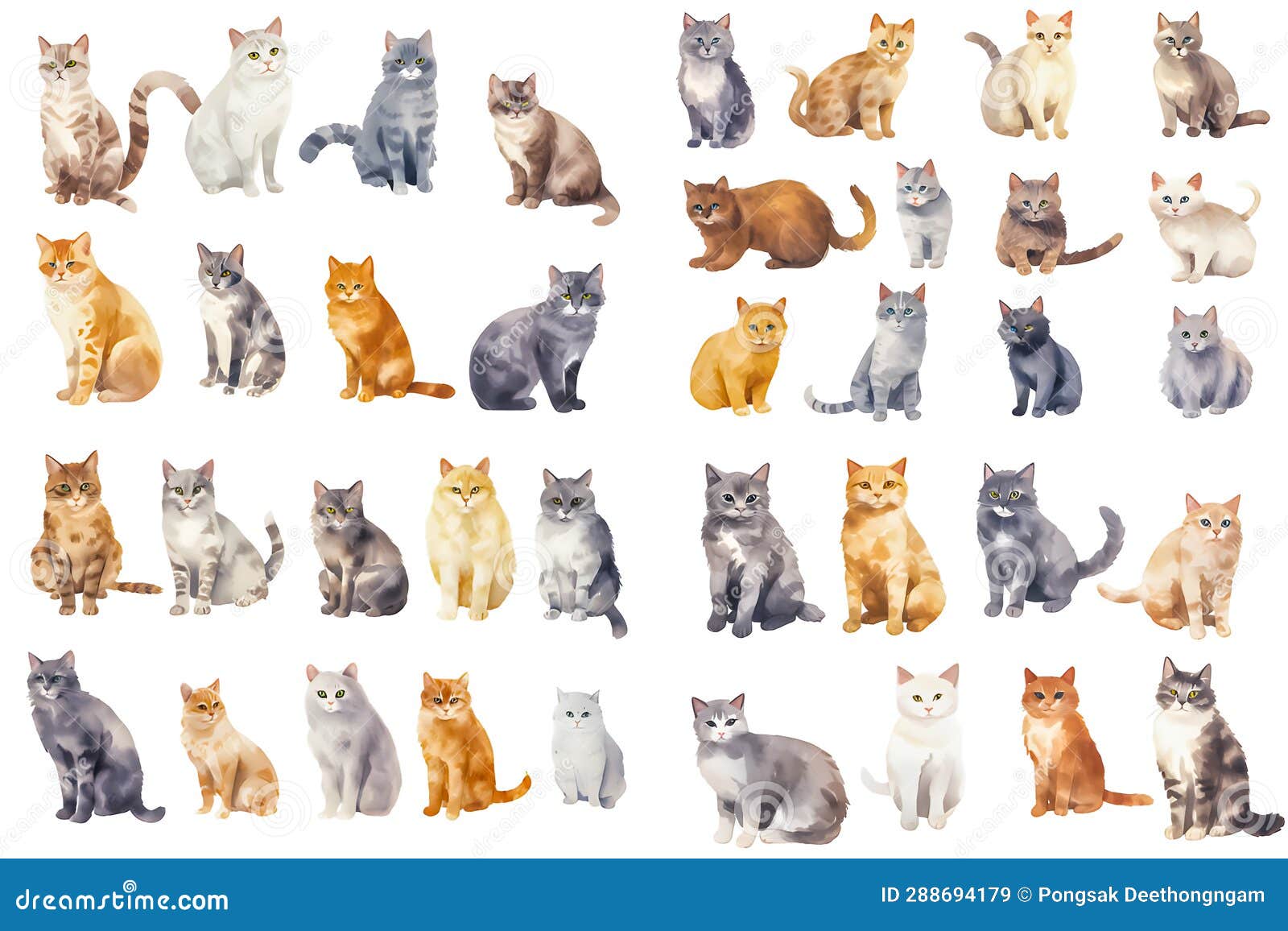 Watercolor of Elements of Cats of Various Breeds in Cute Poses. Created ...