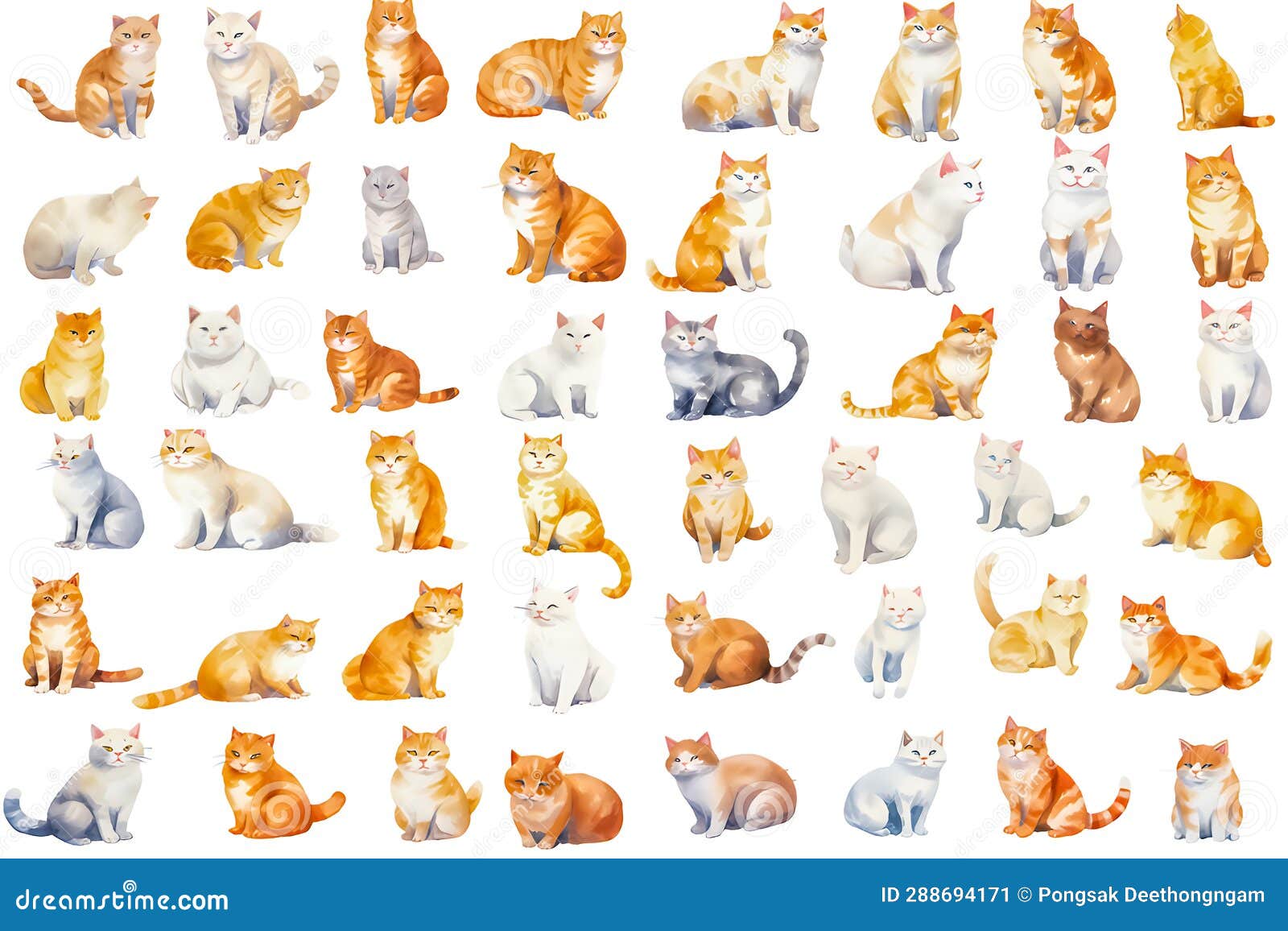 Watercolor of Elements of Cats of Various Breeds in Cute Poses. Created ...