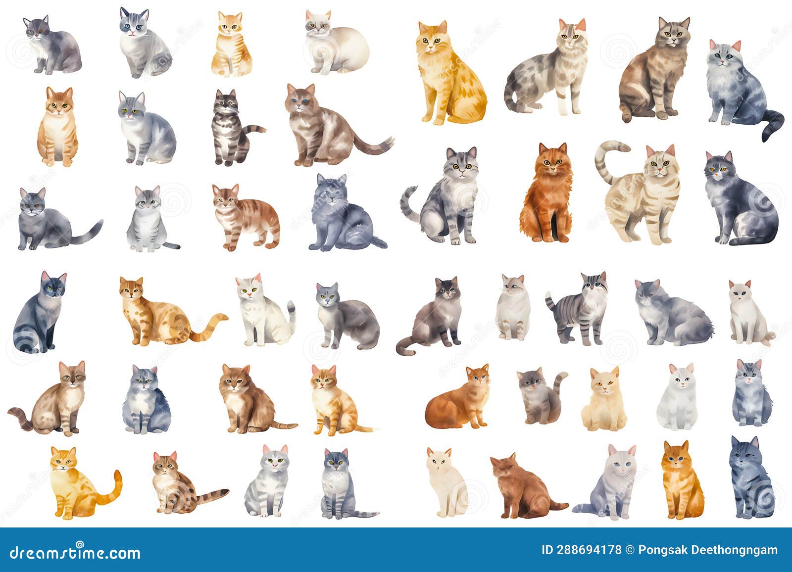 Watercolor of Elements of Cats of Various Breeds in Cute Poses. Created ...