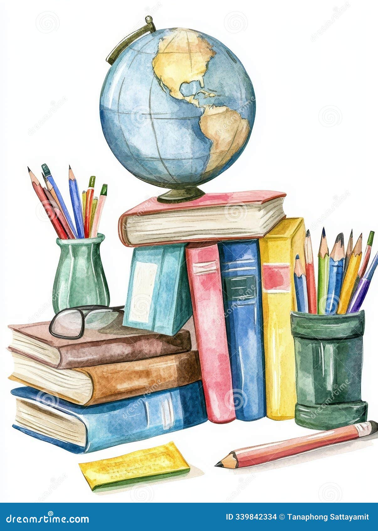 Watercolor Illustration Featuring a Globe Stack of Books Pencils and ...