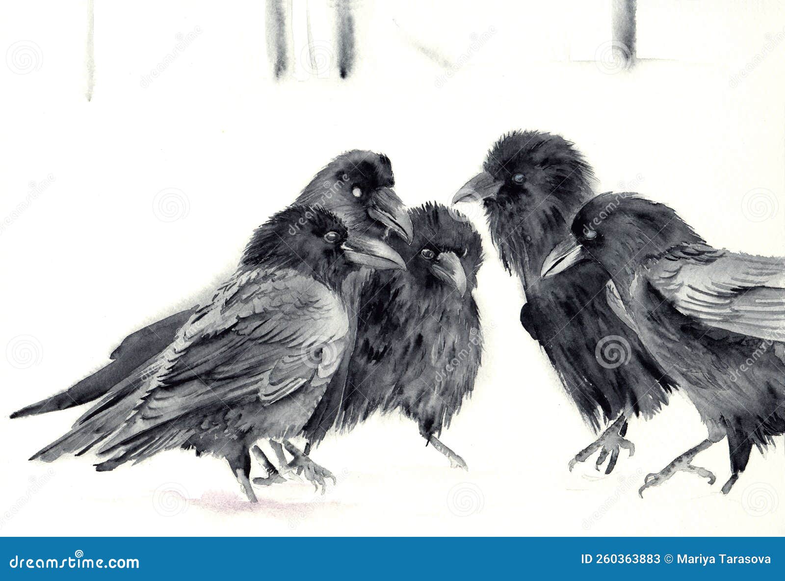 Watercolor Illustration of Five Black Crows Standing in a Circle Stock ...