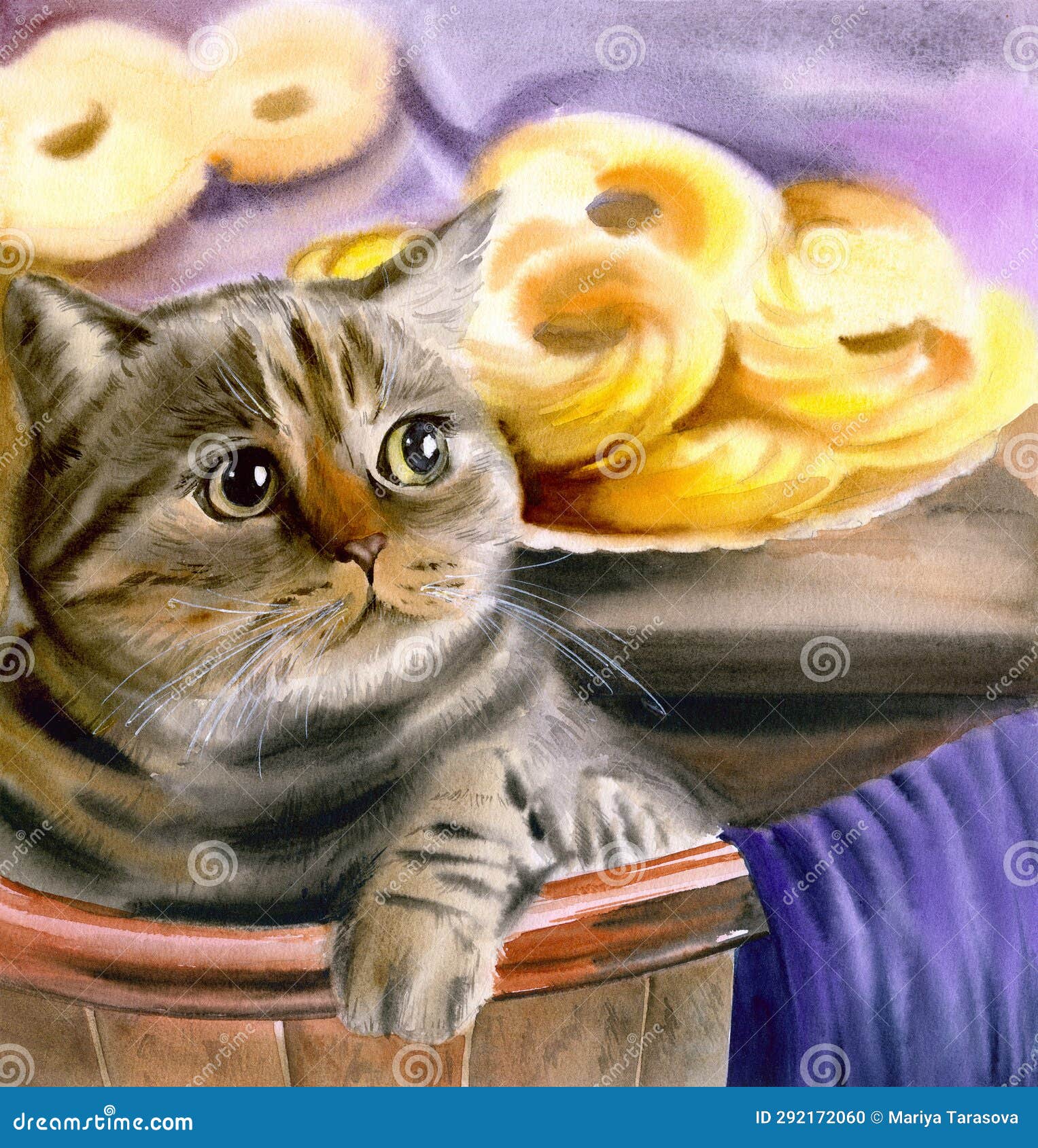 Watercolor Illustration Of A Fluffy Gray Tabby Cat With Green Eyes On A ... Watercolor Illustration Of A Fluffy Gray Tabby Cat With Green Eyes On A ...